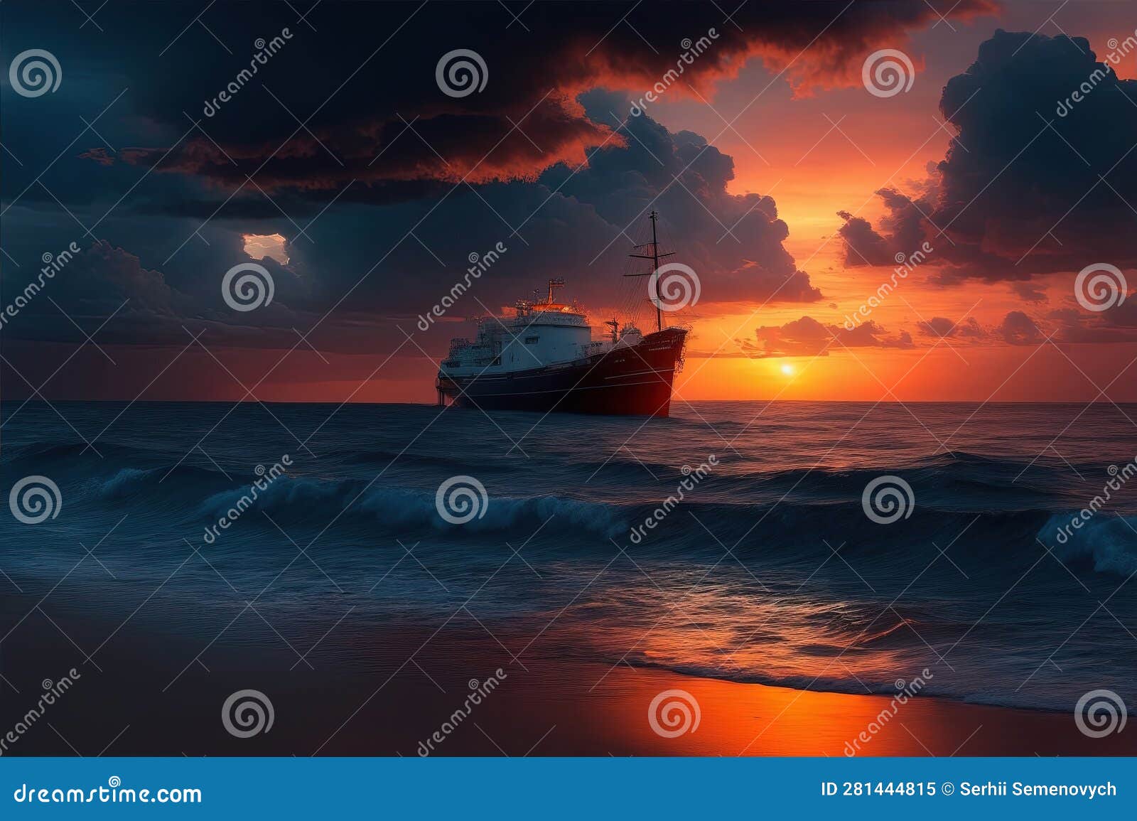 A Ship at Sunset in the Middle of the Pacific Ocean Stock Illustration ...