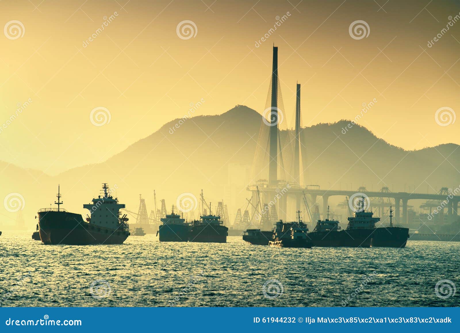 Ship and Sunset in the Ocean - Shanghai Harbour Stock Photo - Image of ...