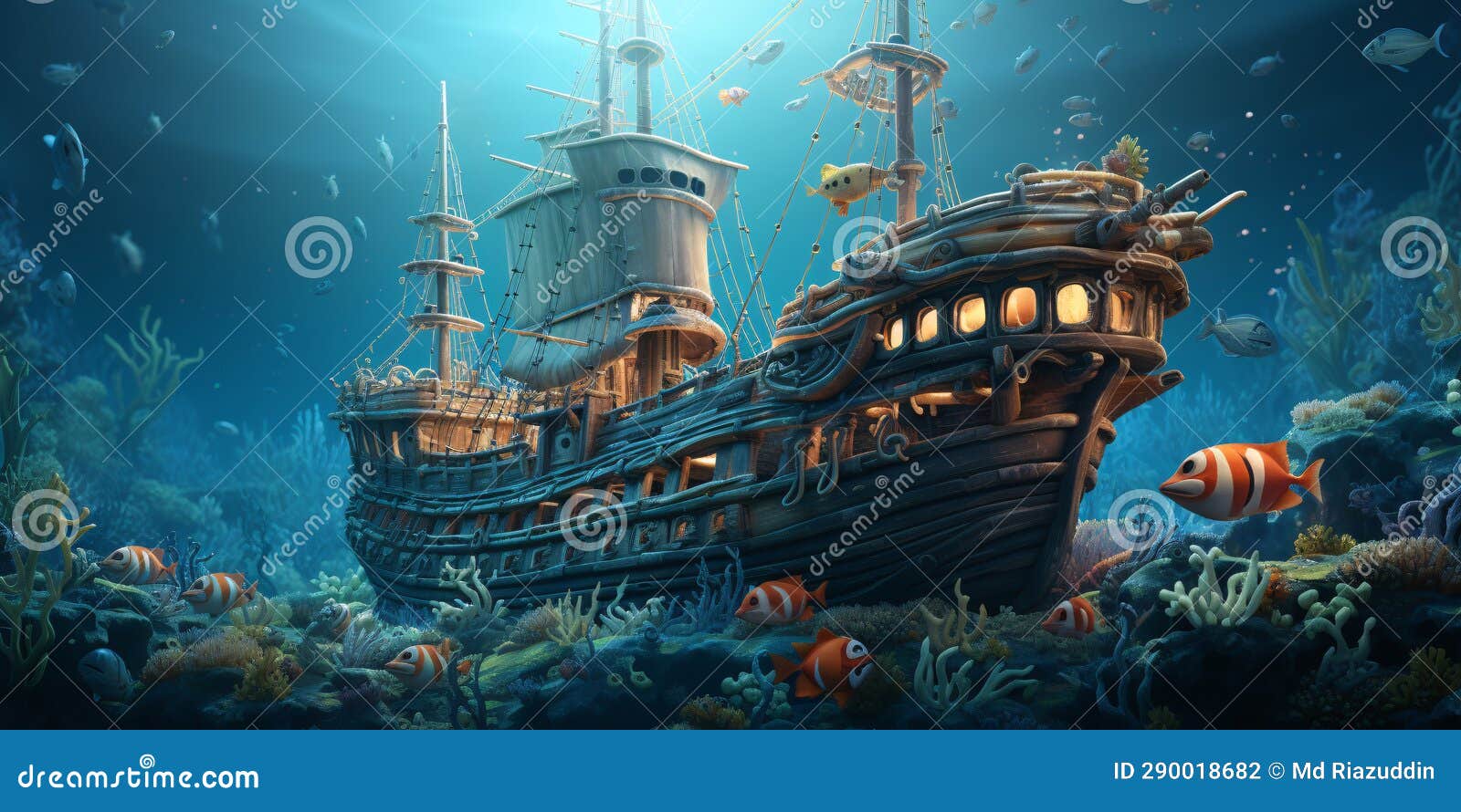 Ship Under the Water with Some Fish Stock Illustration - Illustration ...