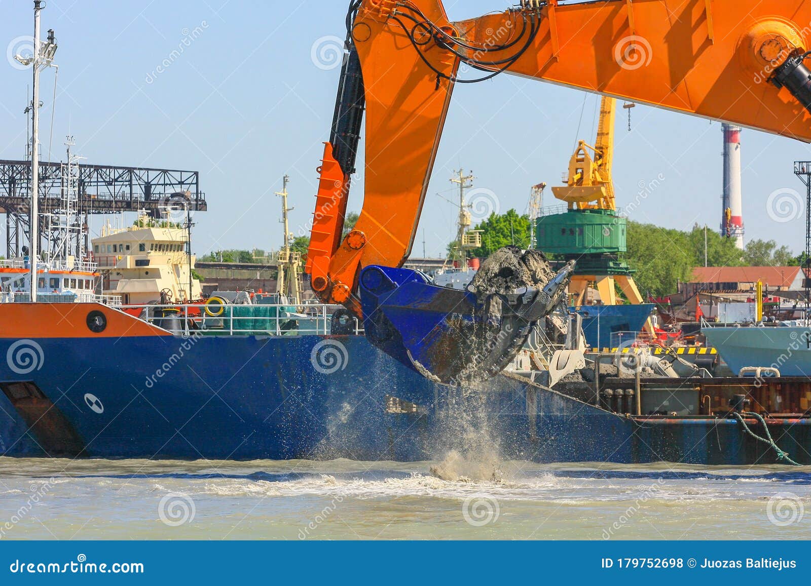 Ship with Working Excavator is Dredging the Port Stock Photo - Image of ...