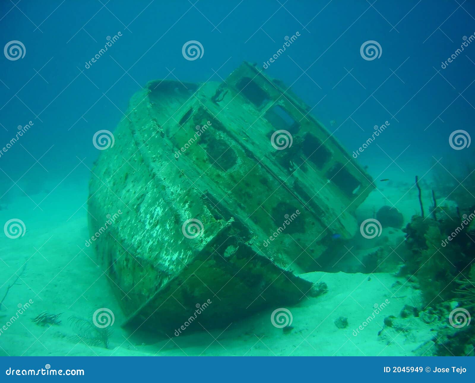 Ship Wreck On Sea Or Ocean Bottom. Sunk Vessel Underwater Scenery ...