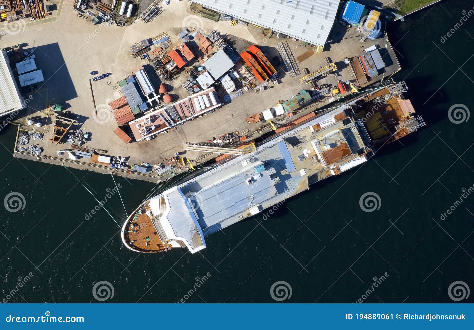 Shipbuilding Construction Ship Aerial View at Shipyard Harbour with ...