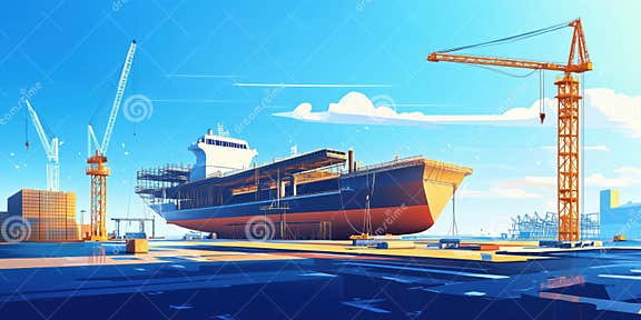 Shipbuilding Process at Modern Shipyard with Cranes, Construction Site ...