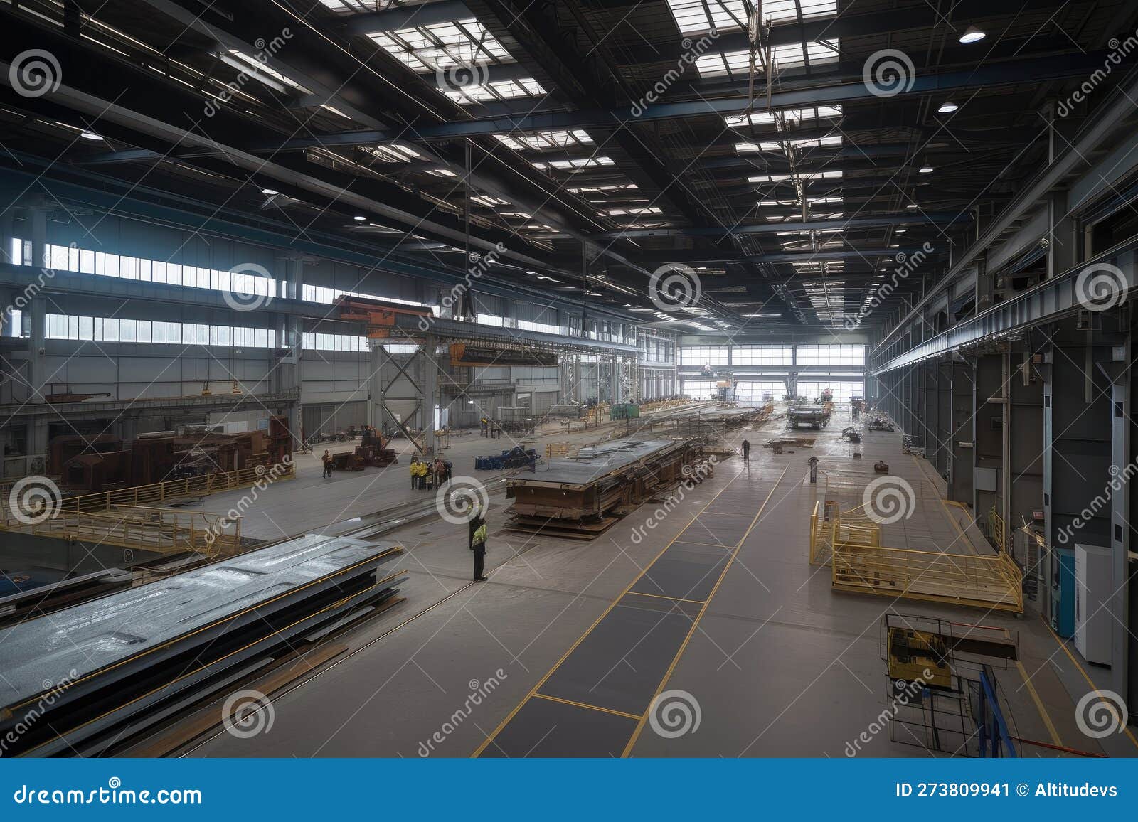 Shipbuilding Workshop, with Overhead Cranes and Other Equipment Visible ...