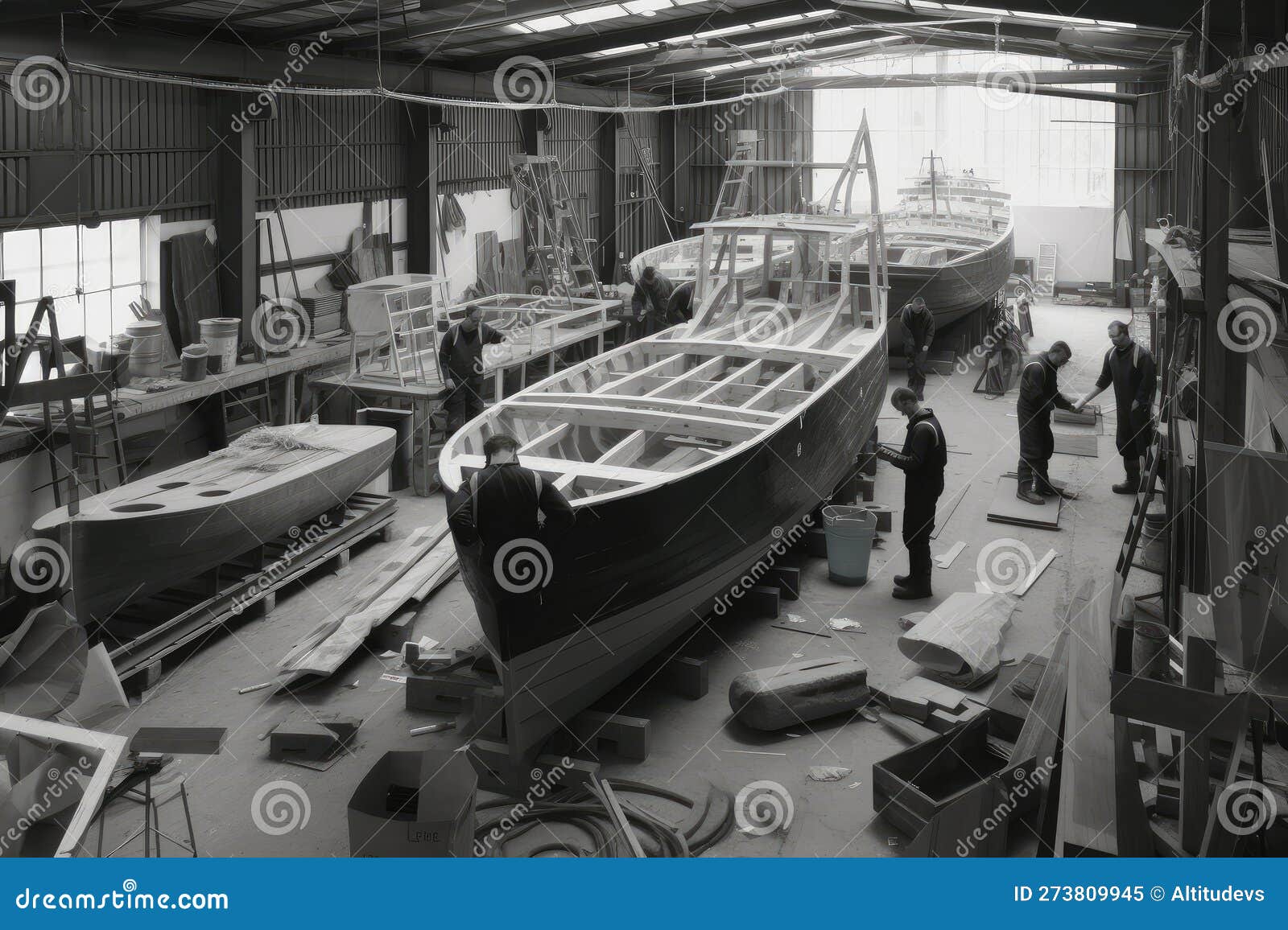 Shipbuilding Workshop, with Workers Building Vessel from Scratch Stock ...