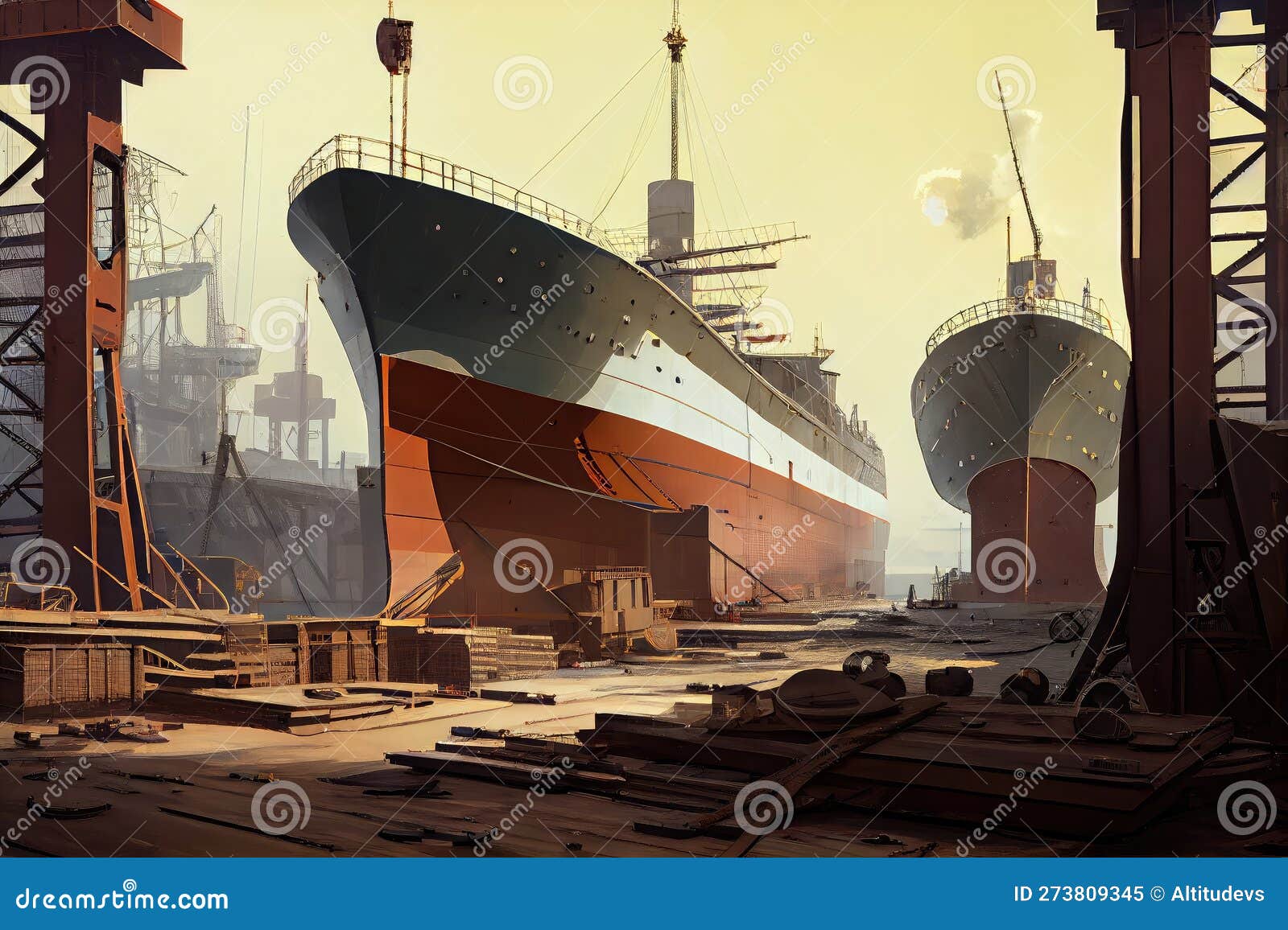 Shipbuilding Yard, with View of Ships Being Constructed and Launched ...