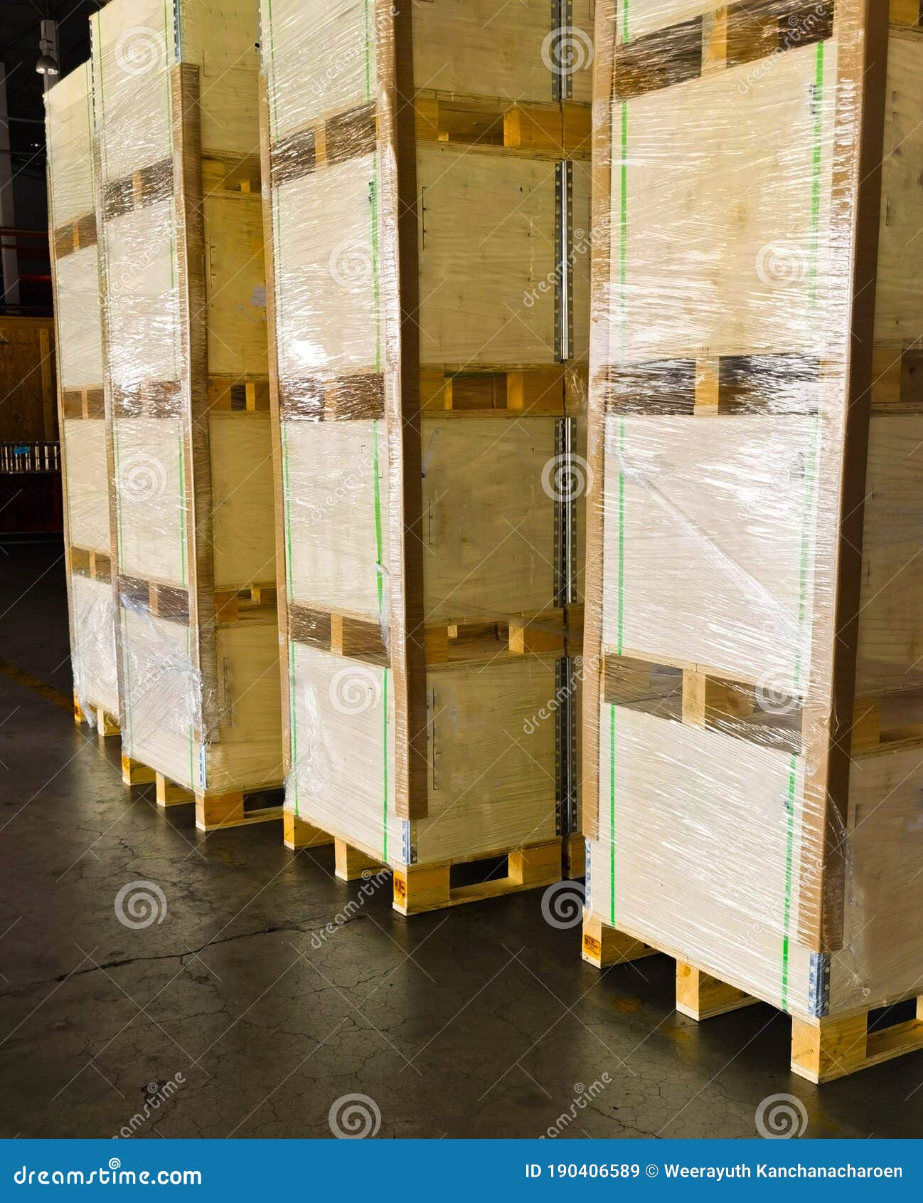 Shipment Cartons Box on Pallets and Wooden Case on Forklift in Interior ...