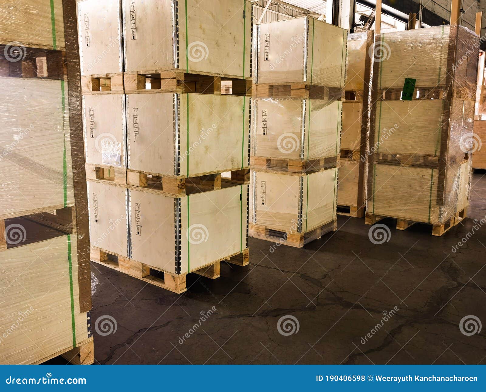 Shipment Cartons Box on Pallets and Wooden Case on Forklift in Interior ...