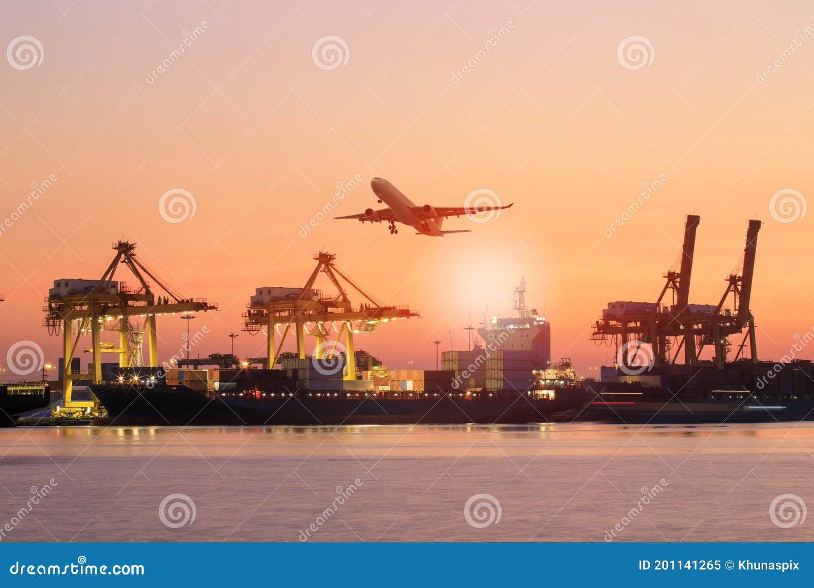 Shipping Boat and Cargo Plane Flying Against Beautiful Sky Stock Image ...