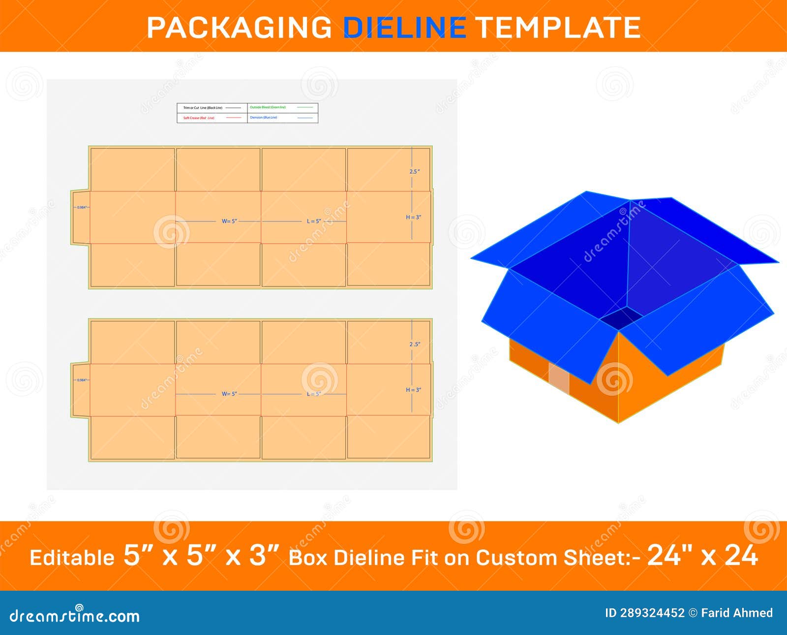 Shipping Carton Box, Die Line Template, 5x5x3 Inch Stock Illustration ...