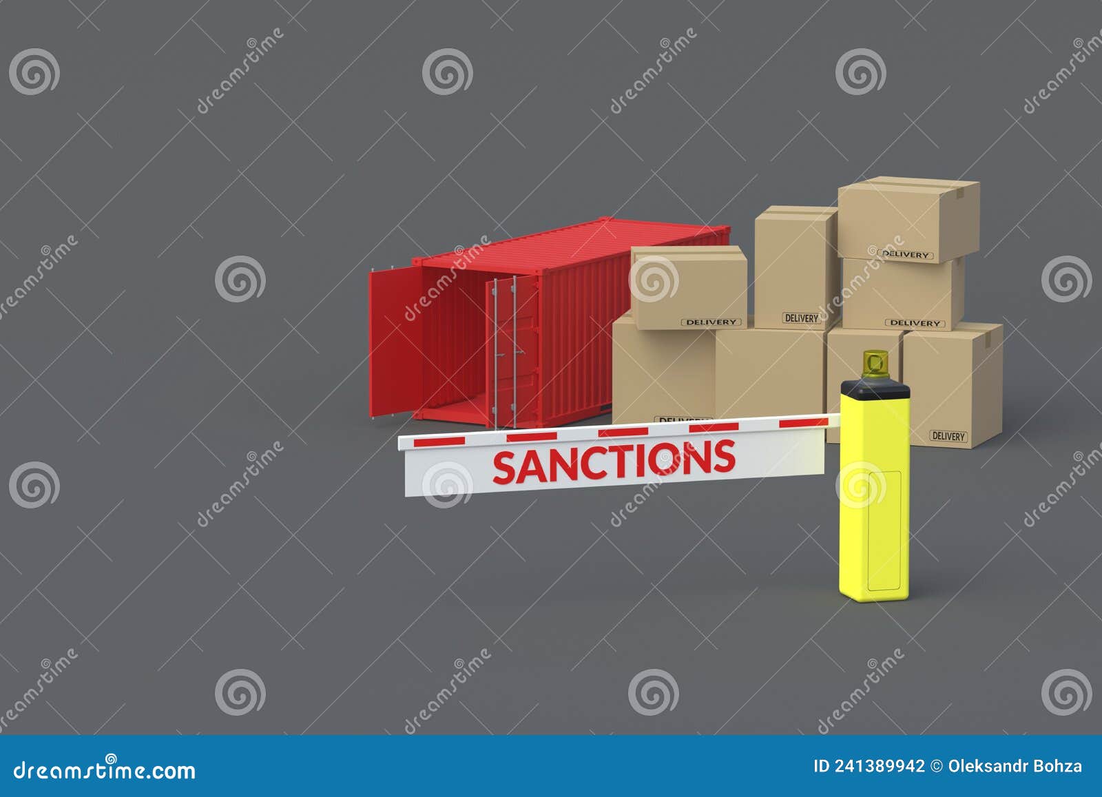 Shipping Container, Boxes and Barrier with Word Sanctions. Delivery Ban ...