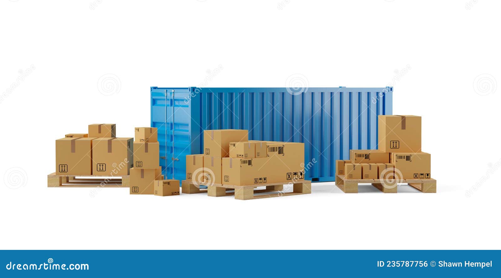 Shipping Container with Boxes or Parcels on Pallets Over White ...