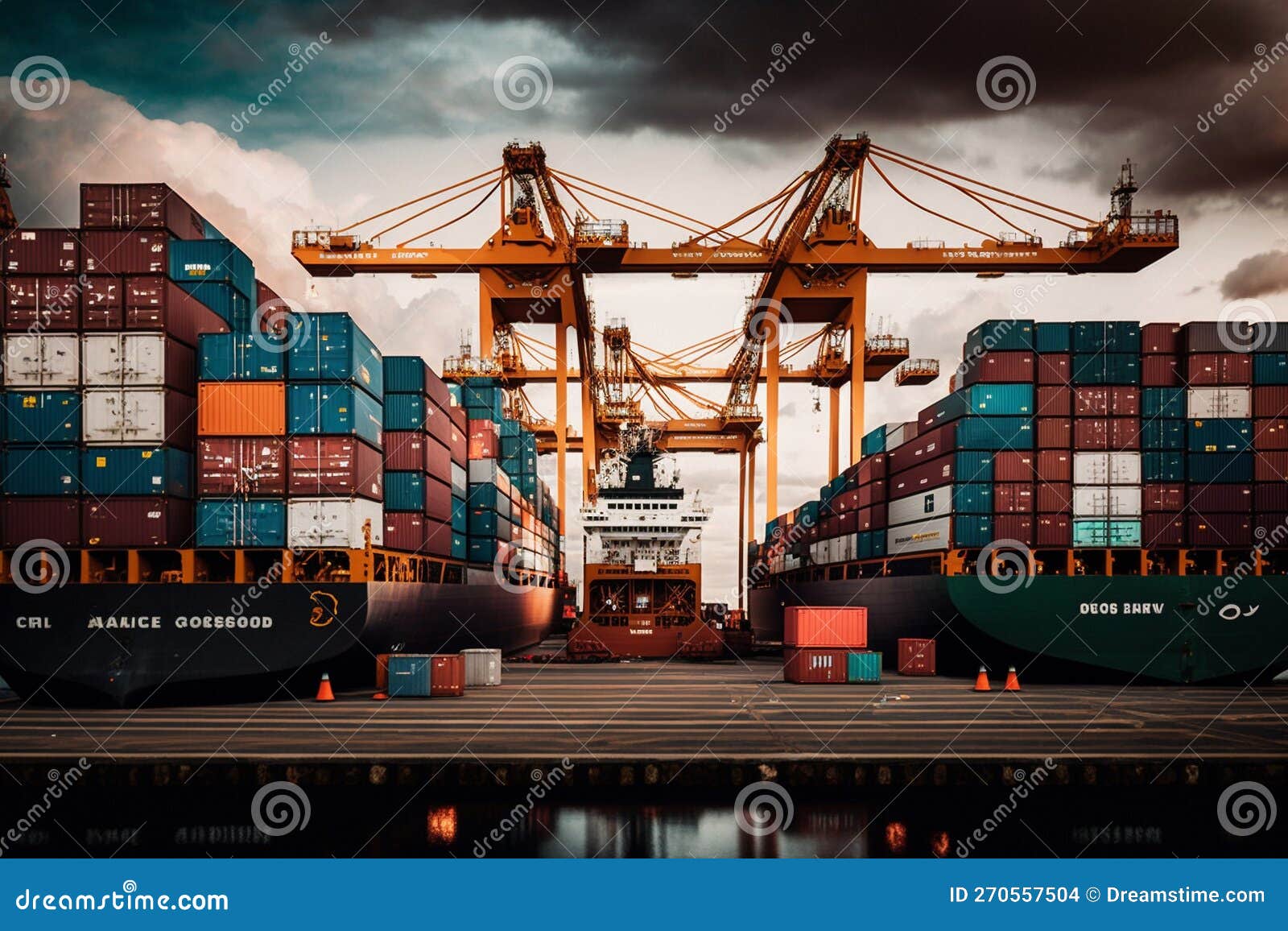 Shipping Container Port Illustration with Giant Cargo Ships. Ai ...