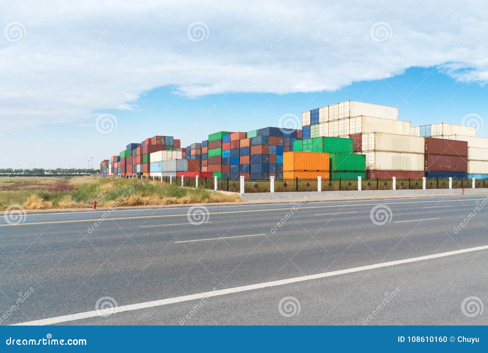 Shipping Container Stack Yard and Road Background Stock Photo - Image ...