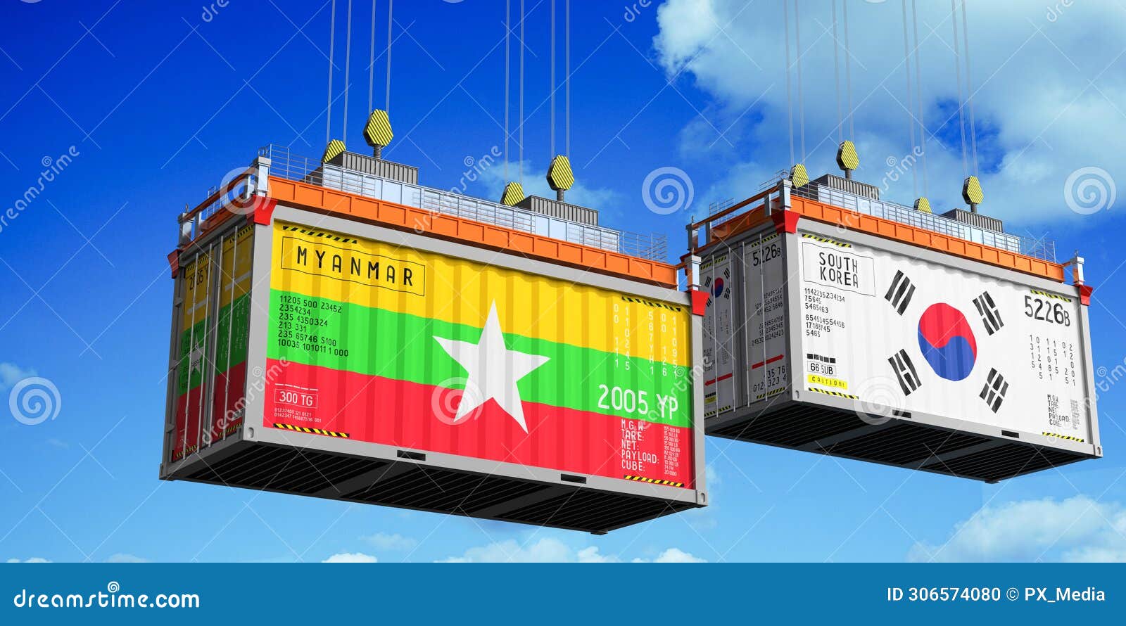 Shipping Containers with Flags of Myanmar and South Korea Stock ...