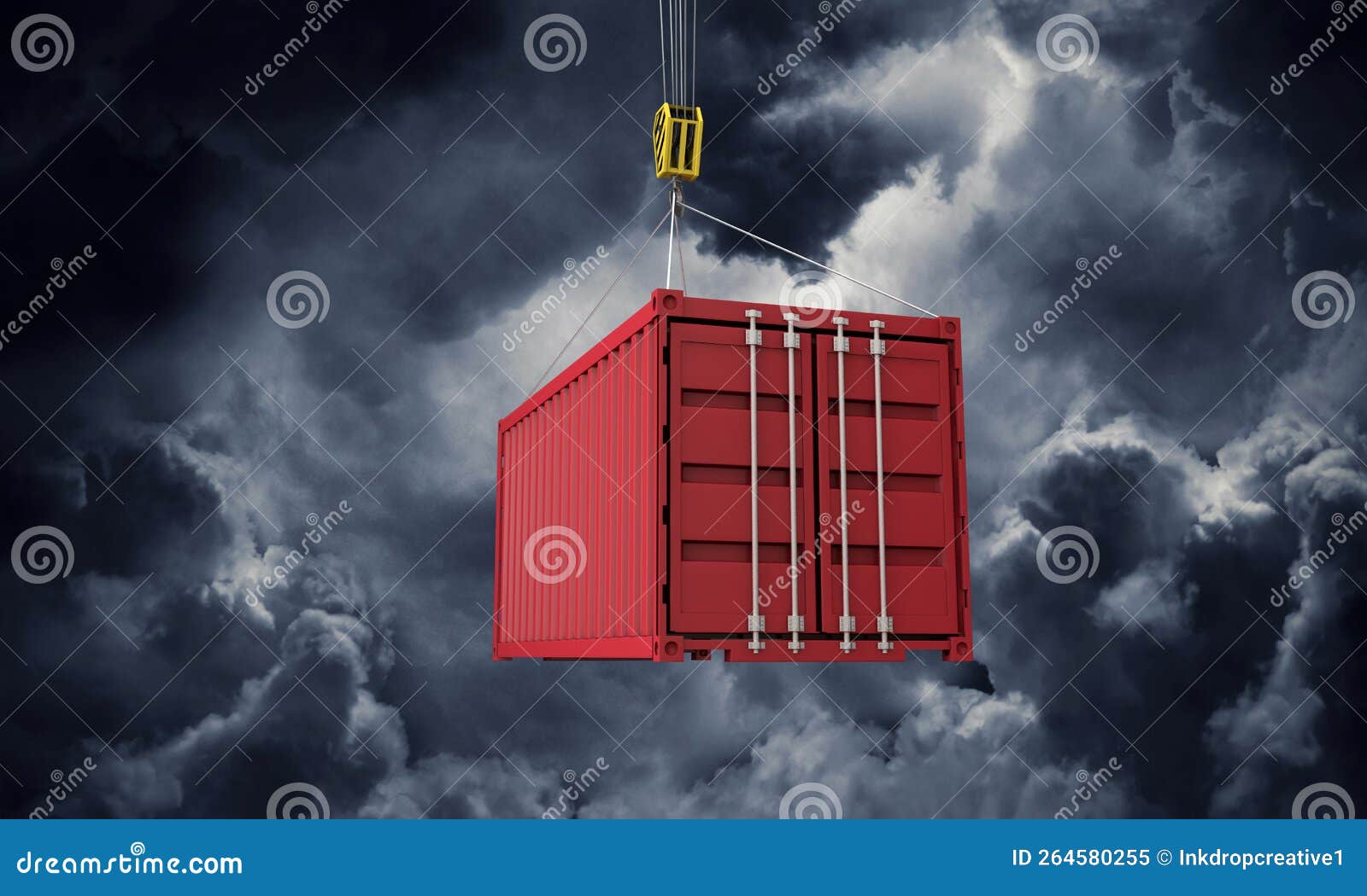 Shipping Containers Hanging from a Crane Against Dark Clouds. 3D Render ...