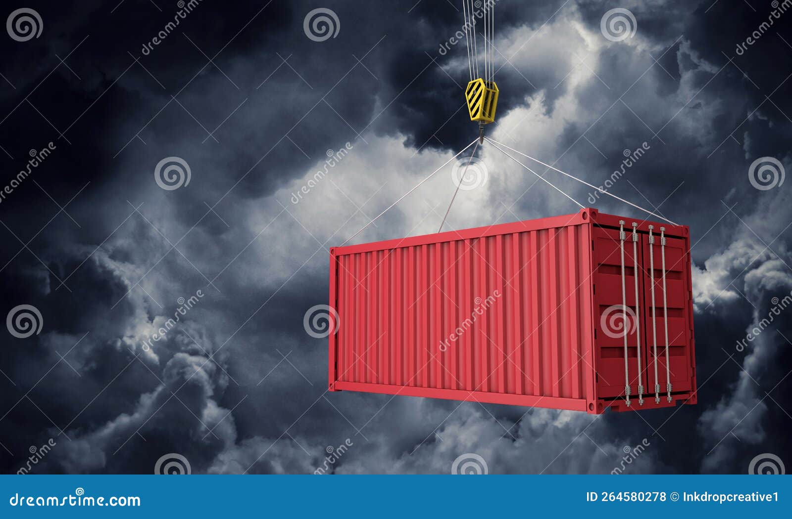 Shipping Containers Hanging from a Crane Against Dark Clouds. 3D Render ...