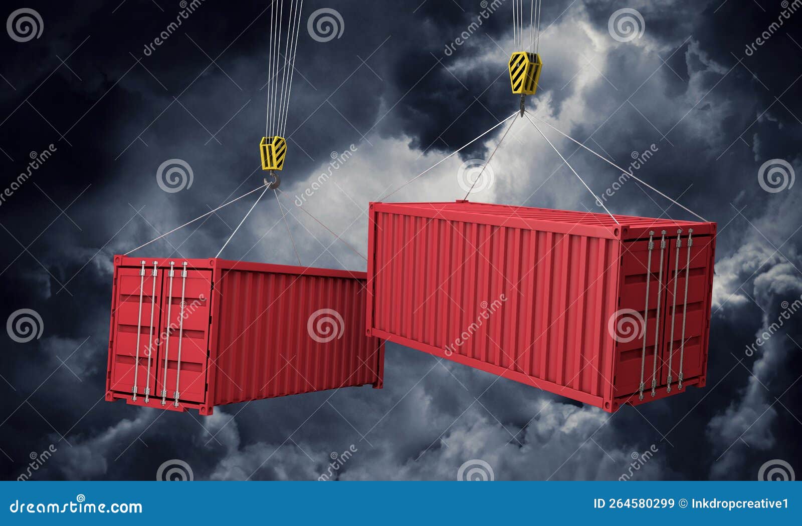 Shipping Containers Hanging from a Crane Against Dark Clouds. 3D Render ...