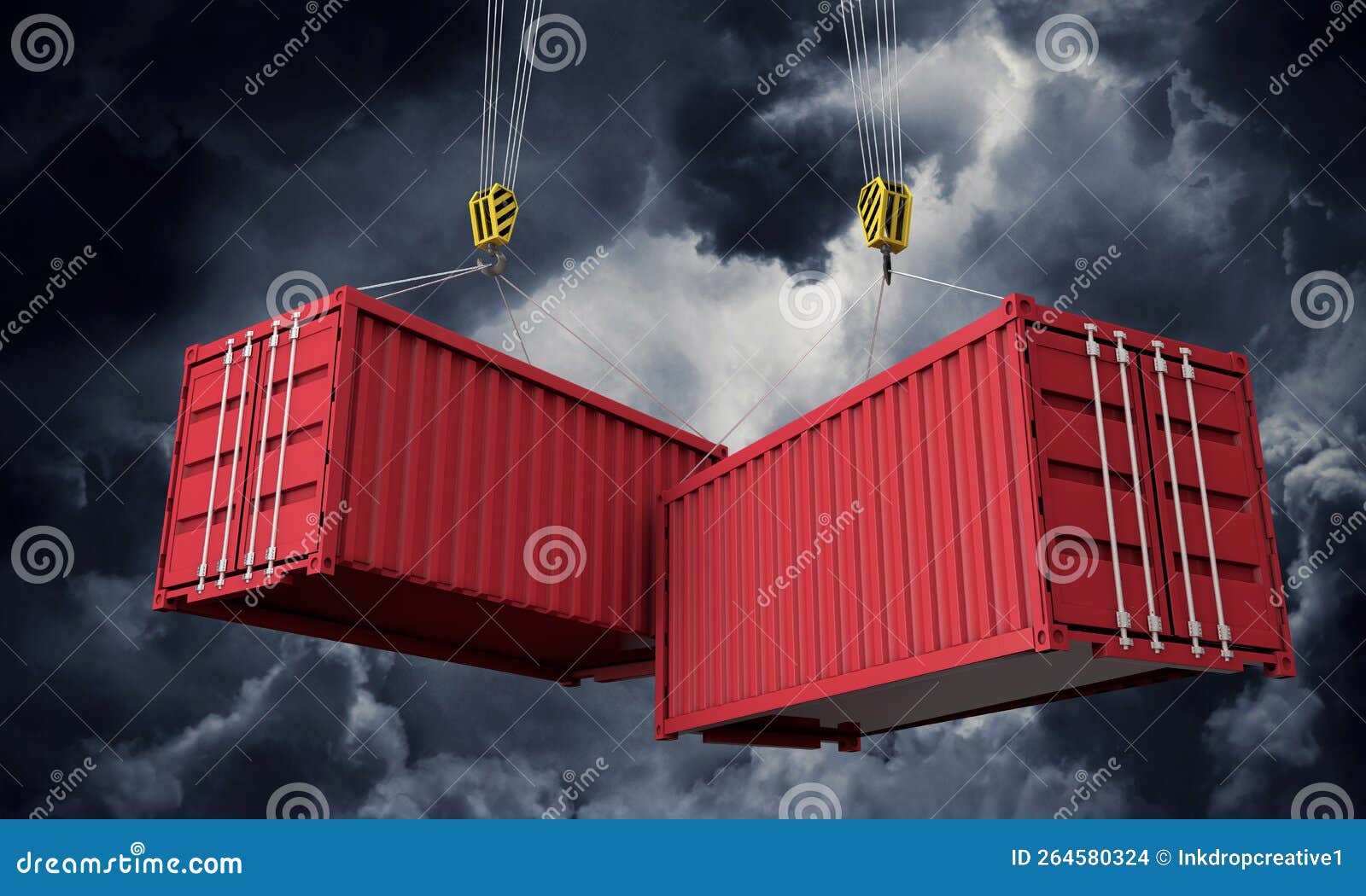 Shipping Containers Hanging from a Crane Against Dark Clouds. 3D Render ...