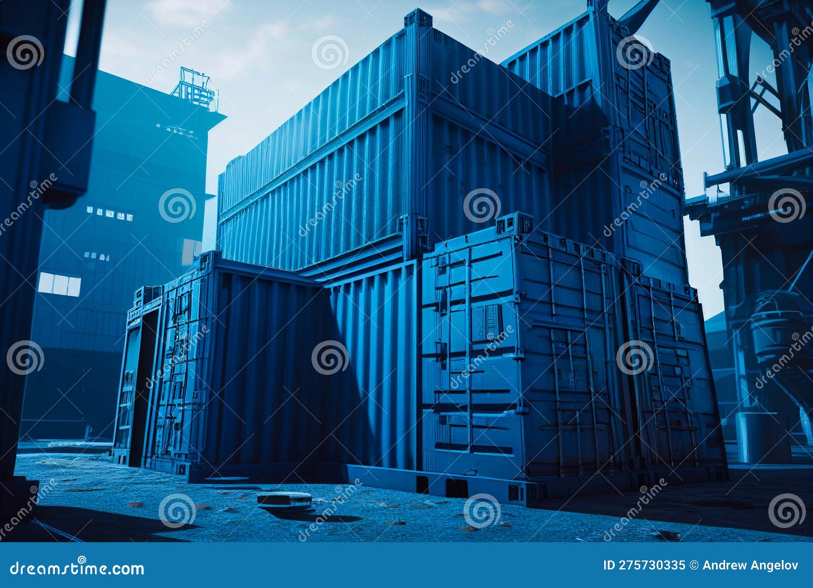 Shipping Containers Stack Illustration, Flat Cartoon Blue Large Cargo ...