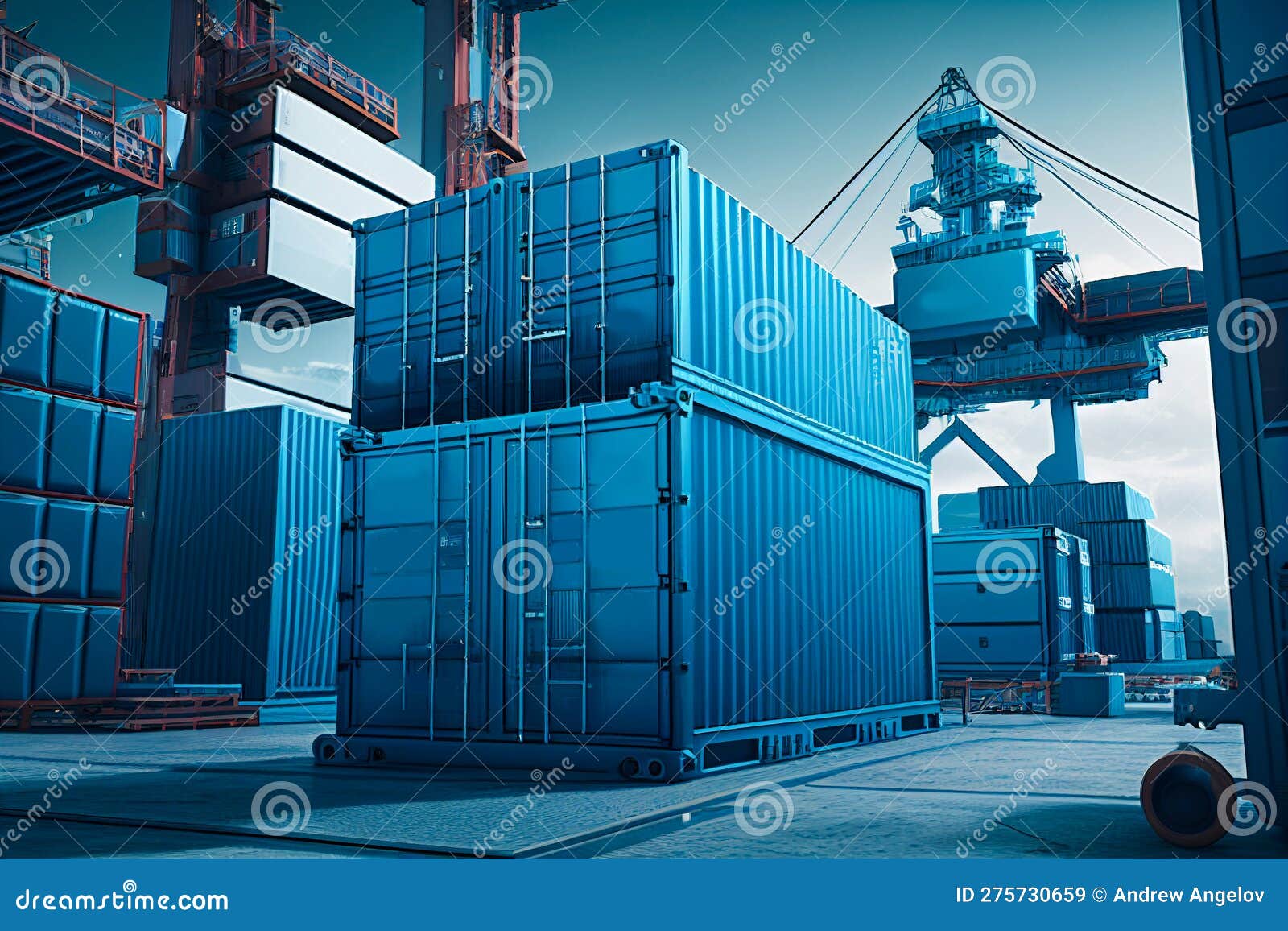 Shipping Containers Stack Illustration, Flat Cartoon Blue Large Cargo ...