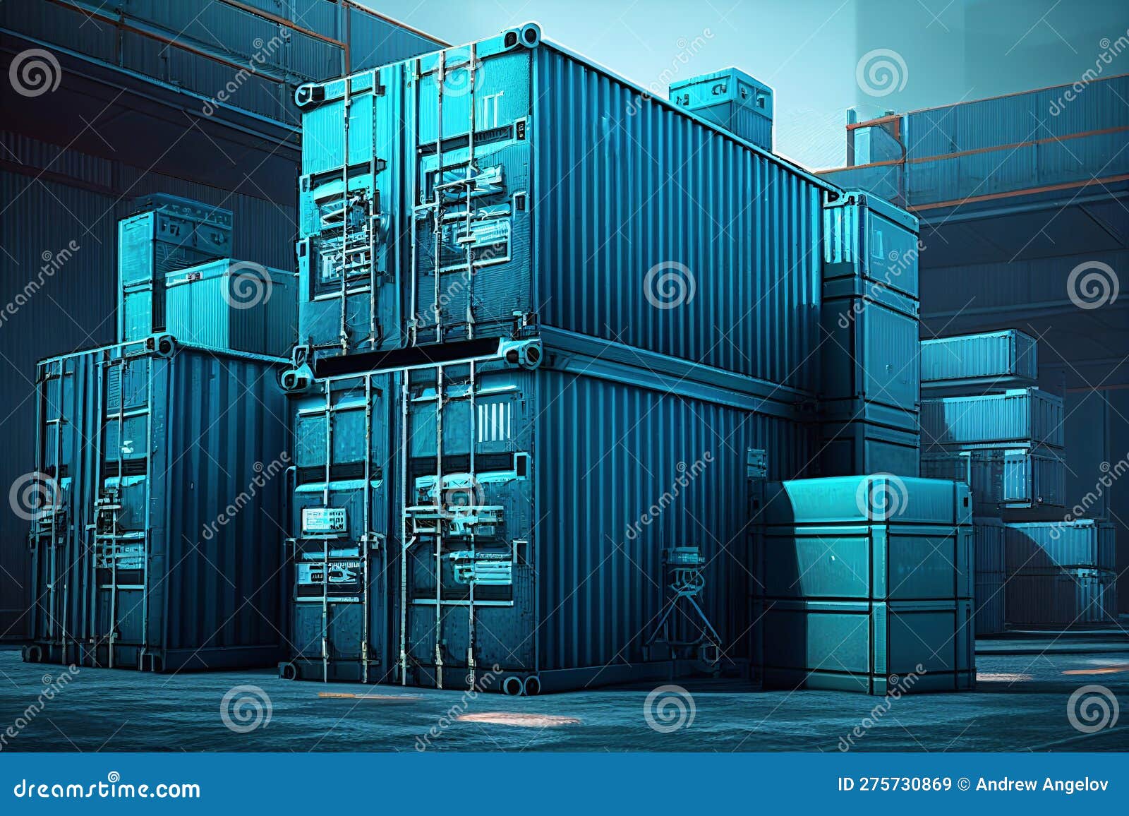 Shipping Containers Stack Illustration, Flat Cartoon Blue Large Cargo ...