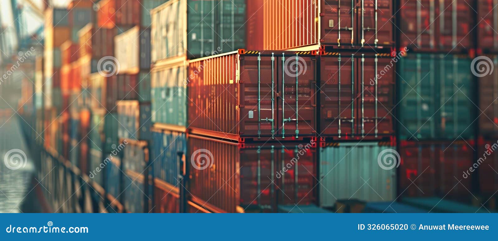 Shipping Containers Stacked on a Cargo Vessel, Port Background, Evening ...