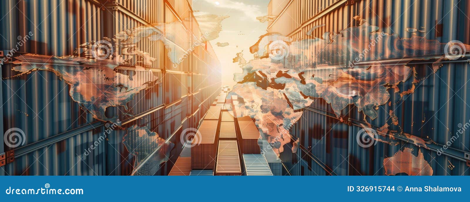 Shipping Containers with World Map Overlay and Sunlight in Background ...