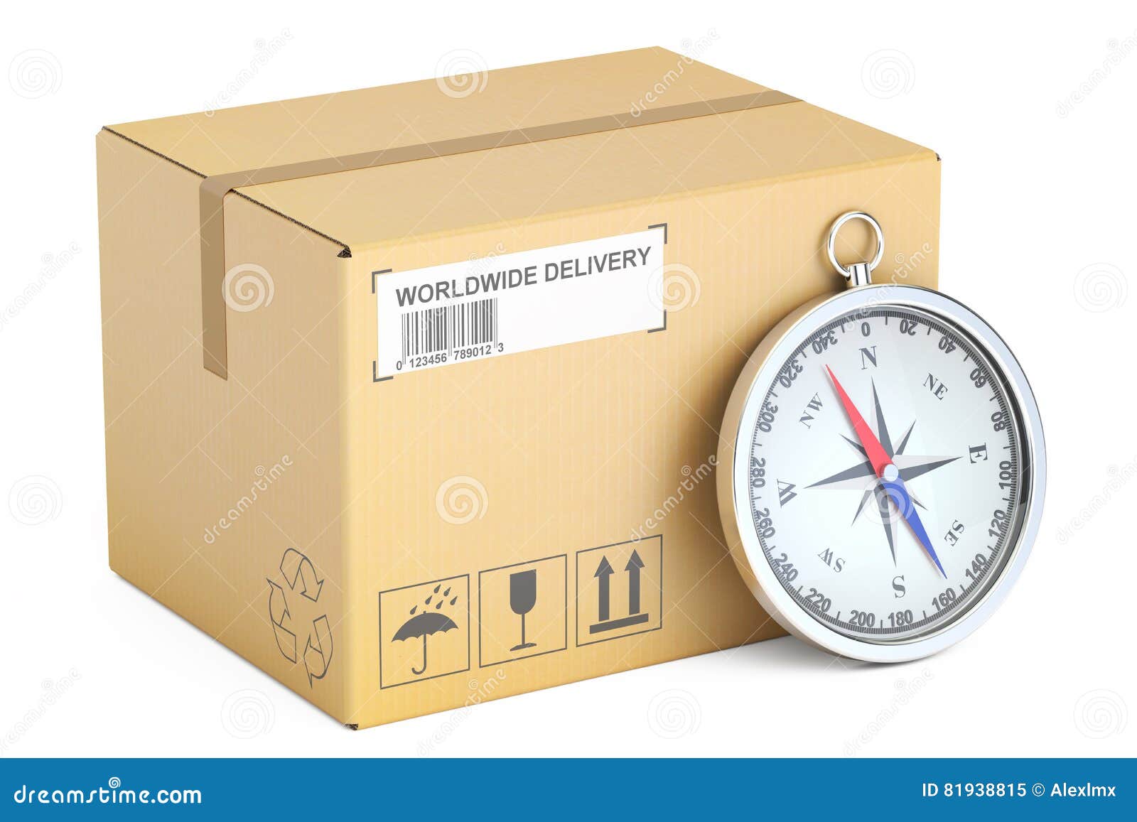 Shipping and Delivery Concept, Parcel and Compass. 3D Rendering Stock ...