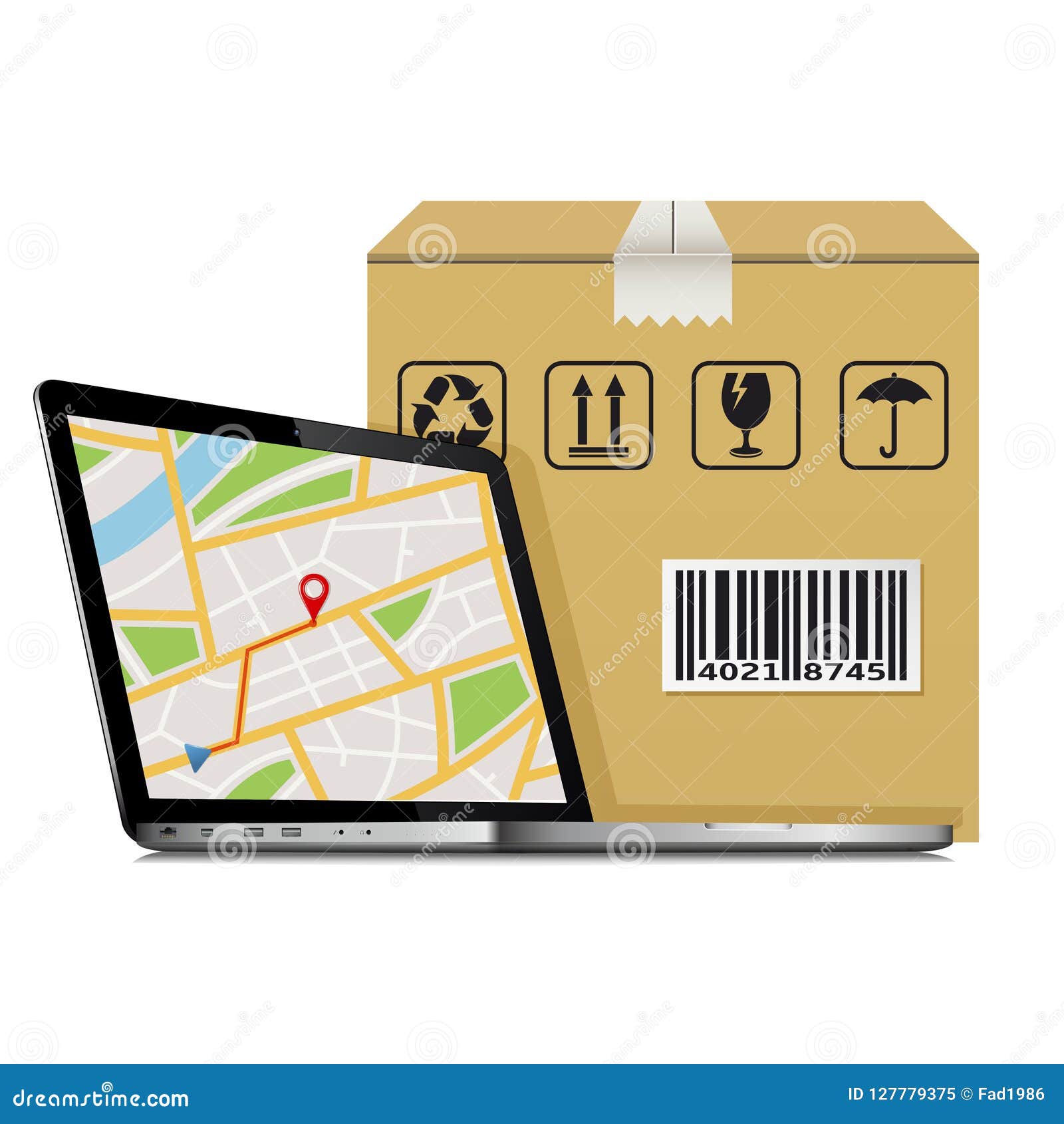Shipping Parcel GPS Tracking Order Design. Laptop with GPS Map on ...