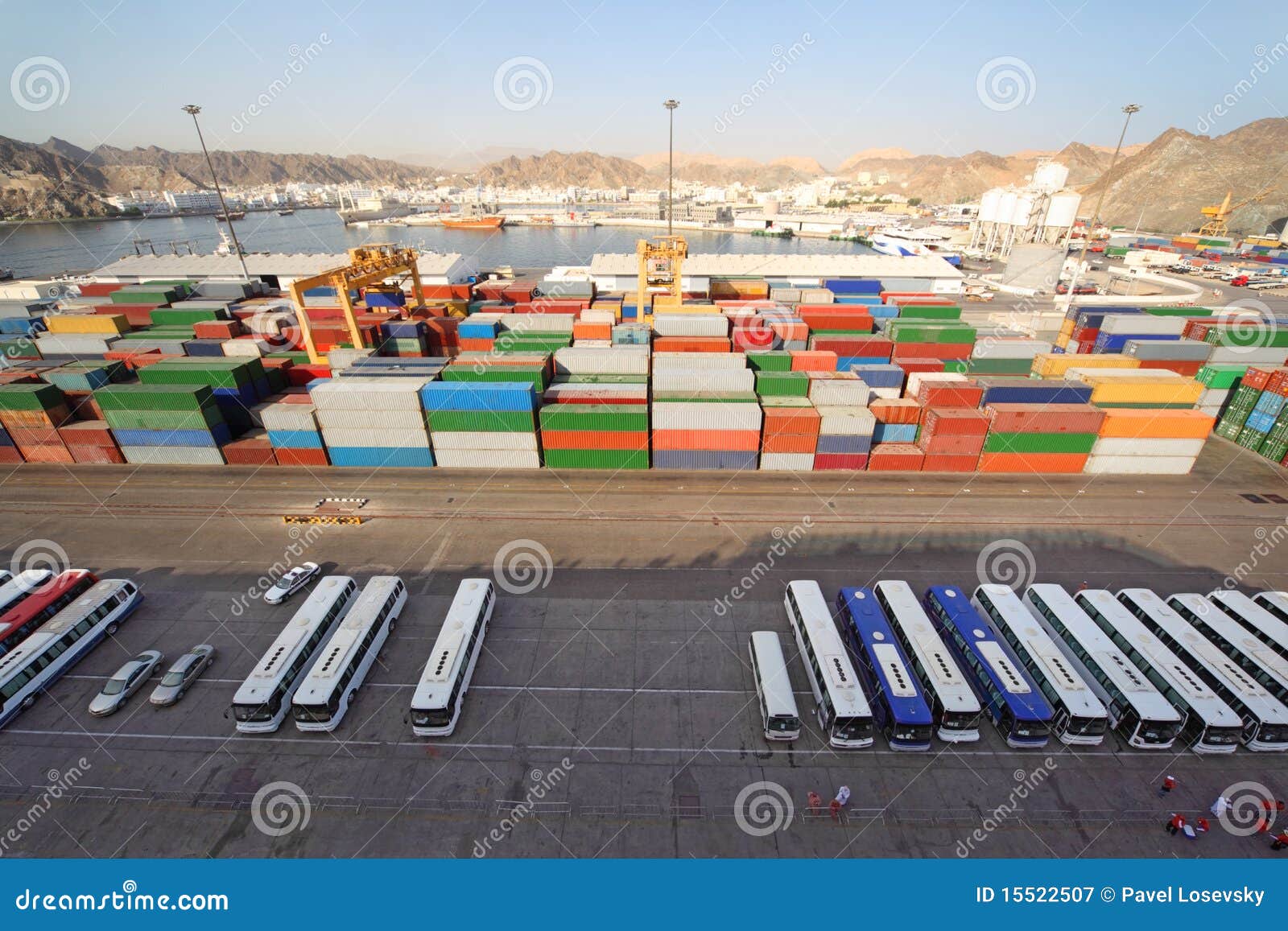 Shipping Port with Buses and Containers Stock Image - Image of export ...
