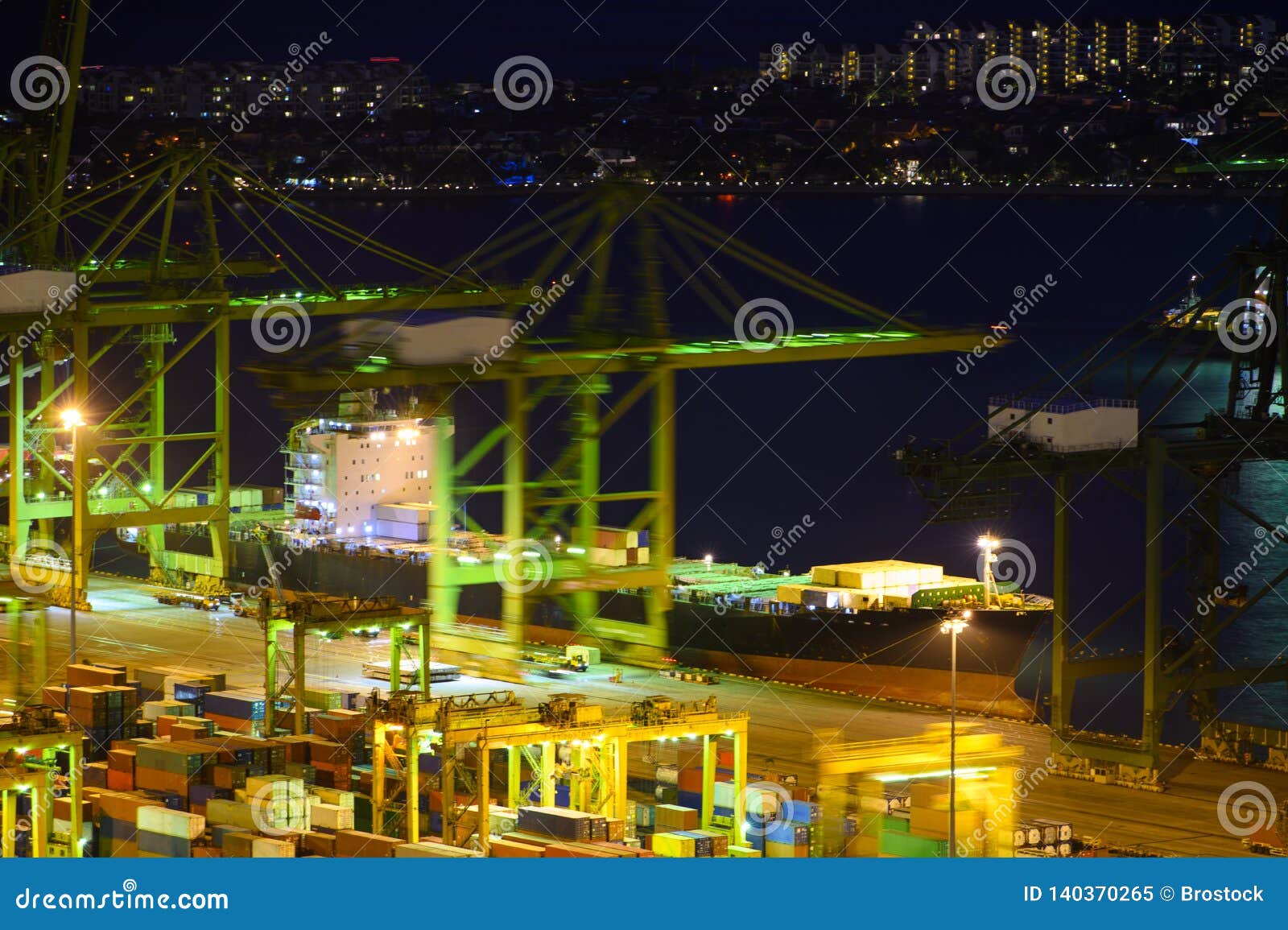 Shipping Port with Crane for Container Uploading at Night Stock Image ...