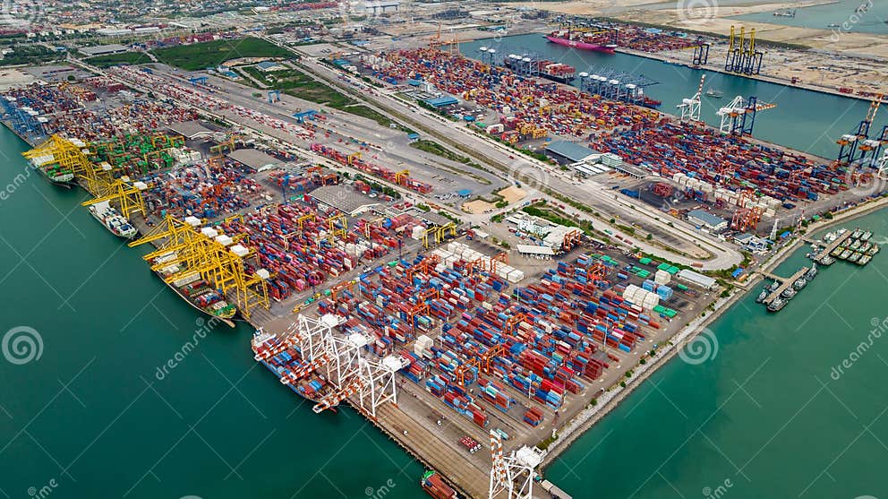 Shipping Port Load and Unloading Cargo from Container Ship Import ...