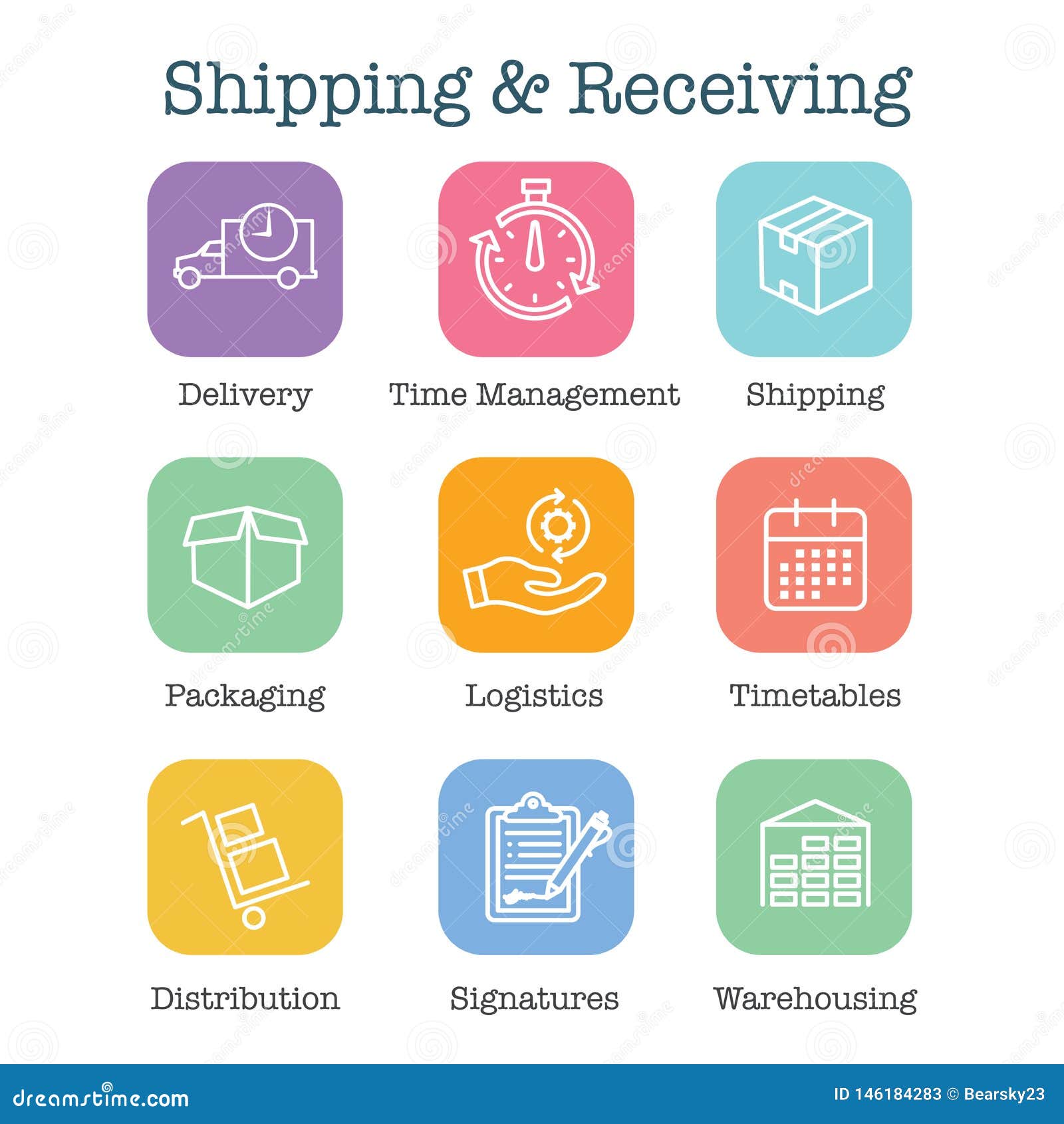 Shipping and Receiving Icon Set with Boxes, Warehouse, Checklist, Etc ...