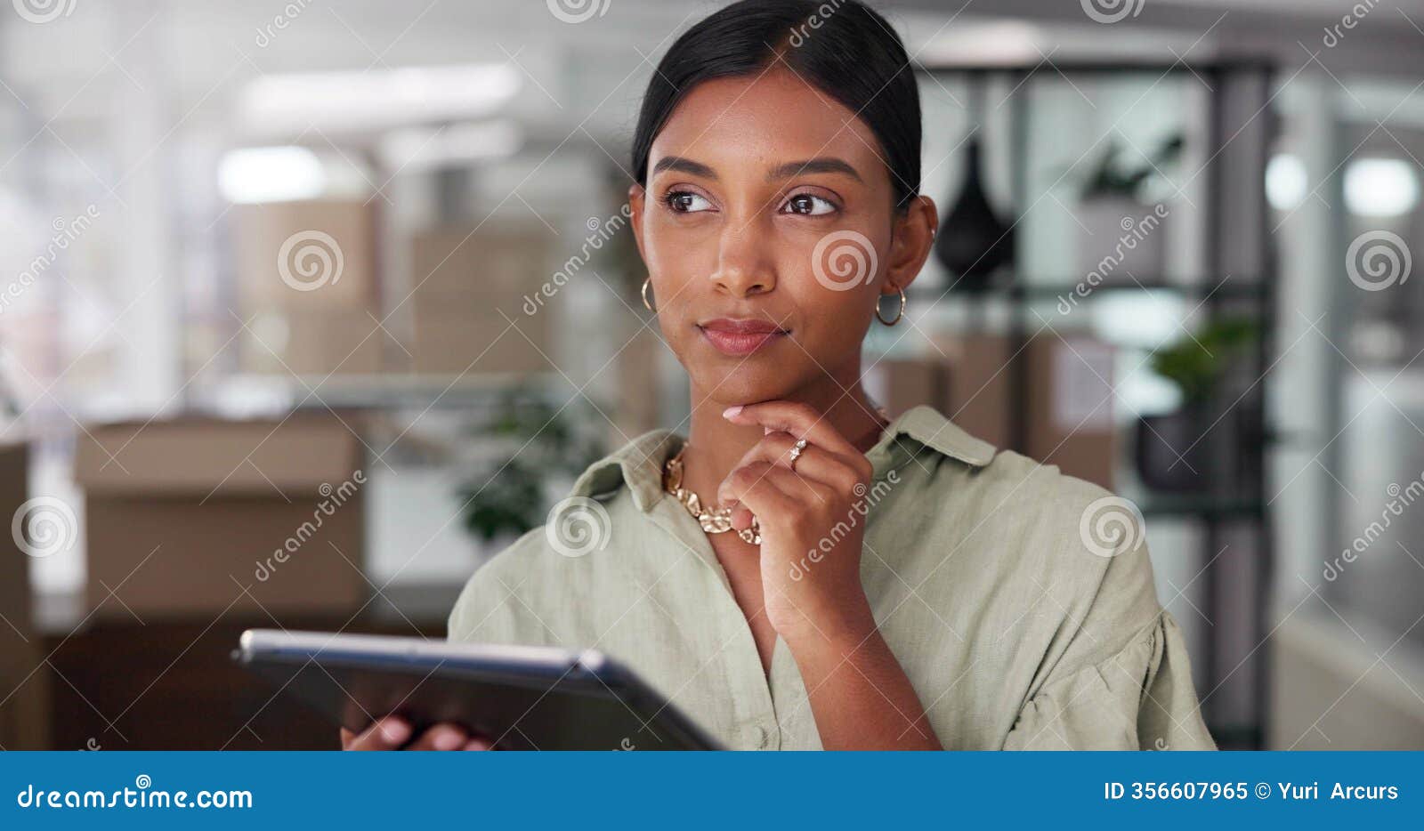 Shipping, Thinking and Business Woman on Tablet for Problem Solving ...