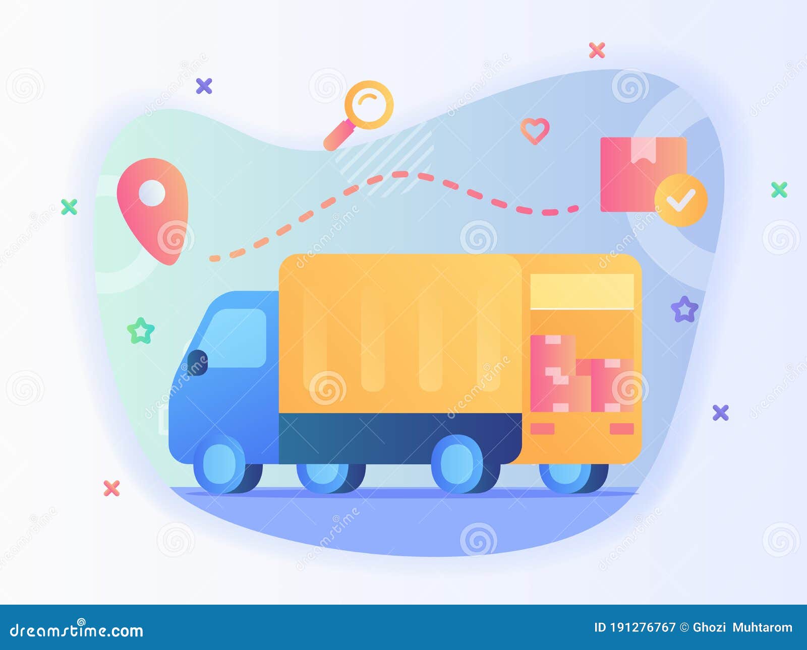 Shipping Truck Carry Box Package Tracking Location with Flat Style ...