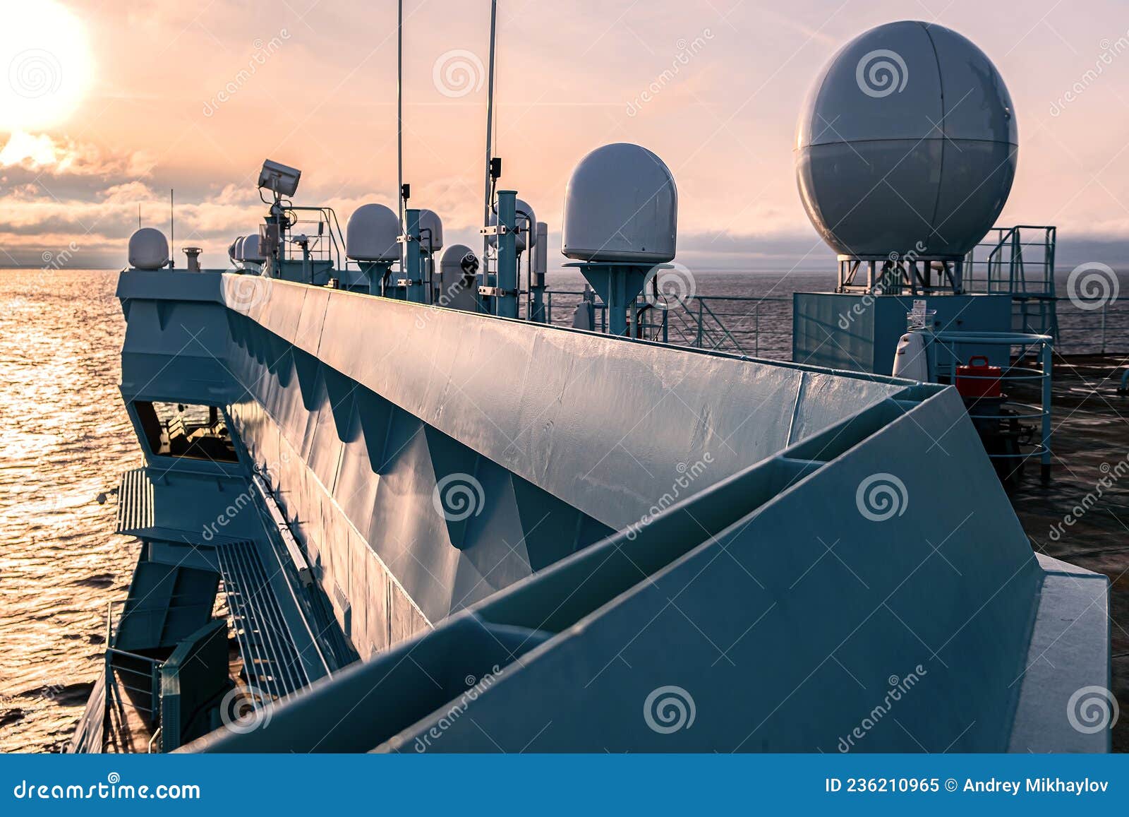 Ships Antenna and Navigation System in a Clear Blue Sky. Stock Image ...