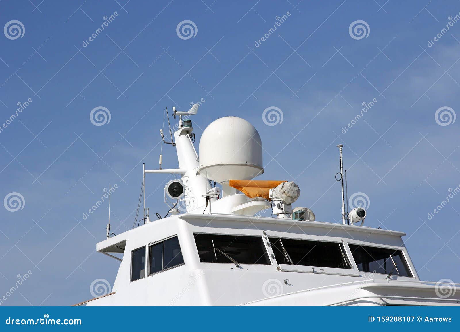 Ships Antenna and Navigation System in a Clear Blue Sky Stock Image ...