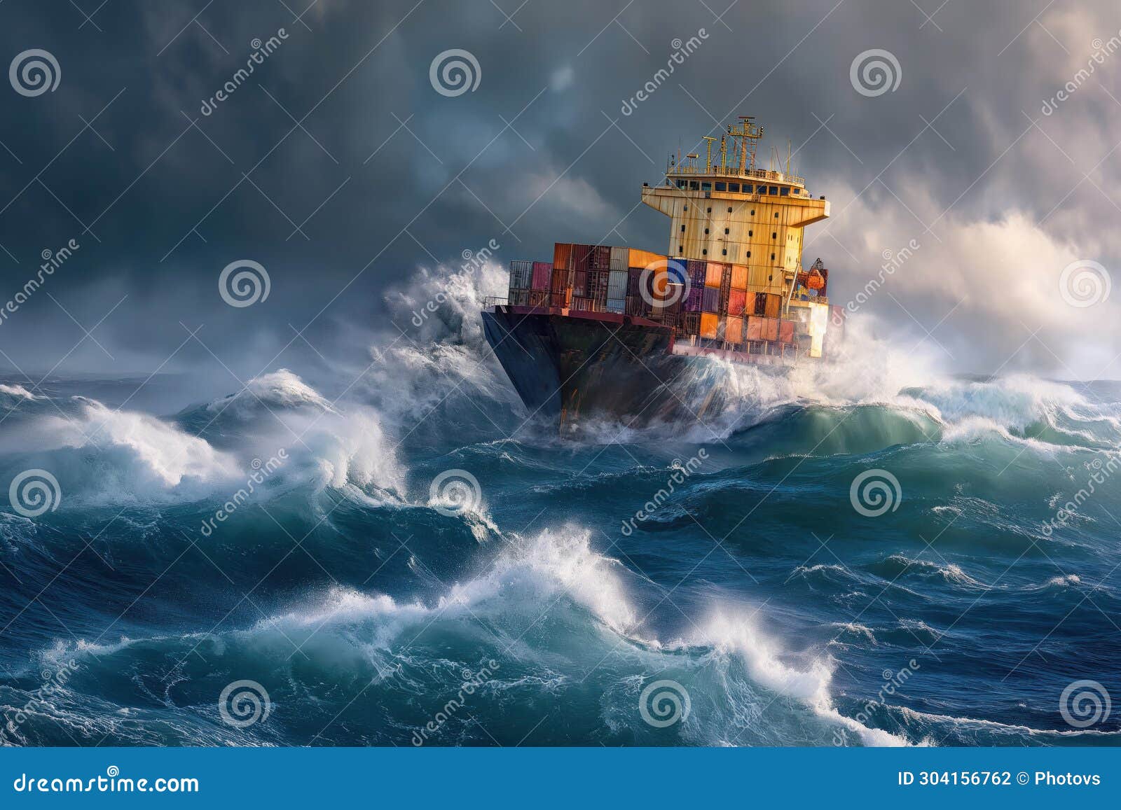 Ships Carrying Containers Float on Ocean Surface during Strong Wind ...