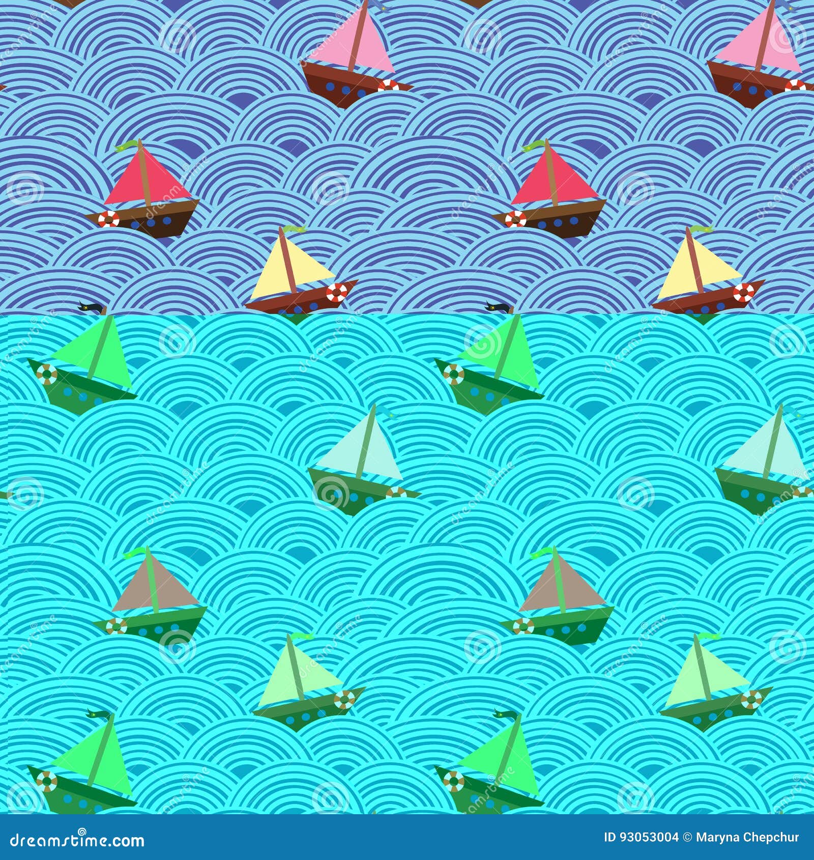 Ships with Different Colors of the Sails in the Stormy Sea. Blue Wave ...