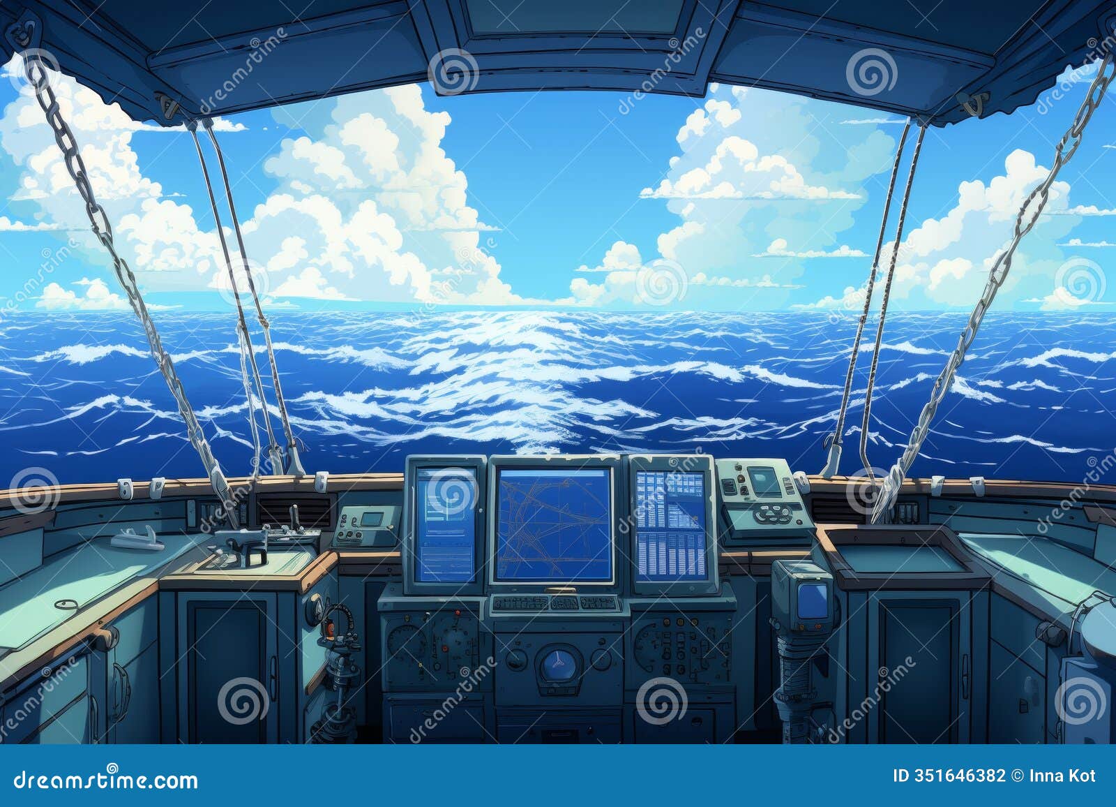 Ships Helm Control Bridge with Ocean View and Blue Sky - Navigation ...