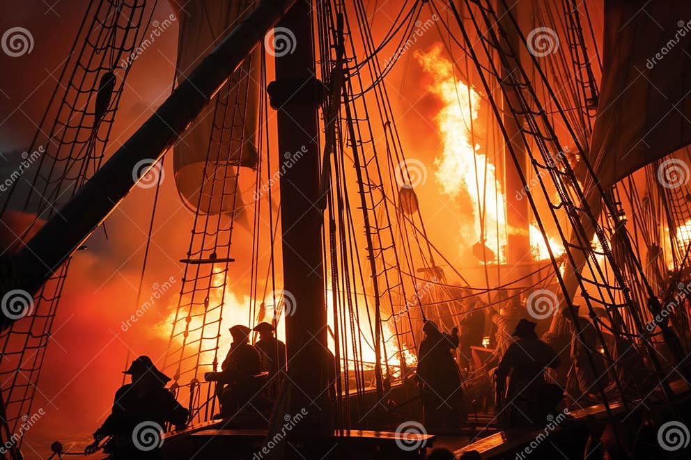 Ships Mast and Sails Ablaze with Crew on Deck Stock Photo - Image of ...