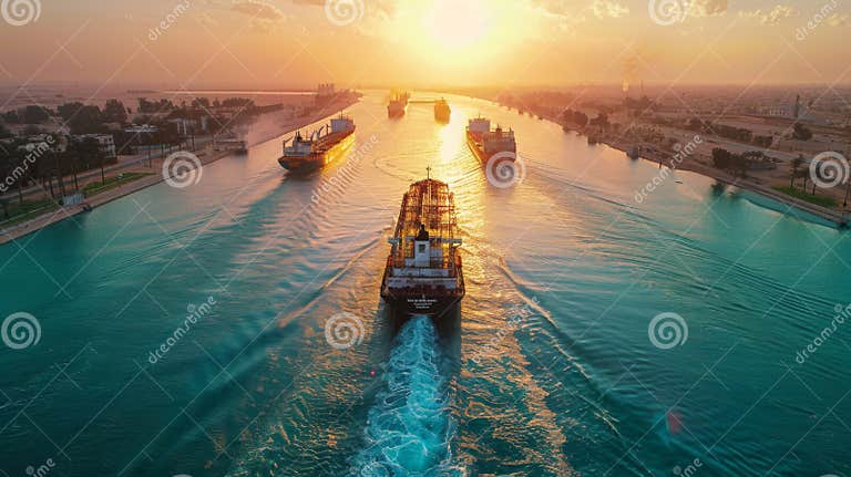 Ships Navigating through the Suez Canal at Sunset, Showcasing Vibrant ... Ships Navigating through the Suez Canal at Sunset, Showcasing Vibrant ...