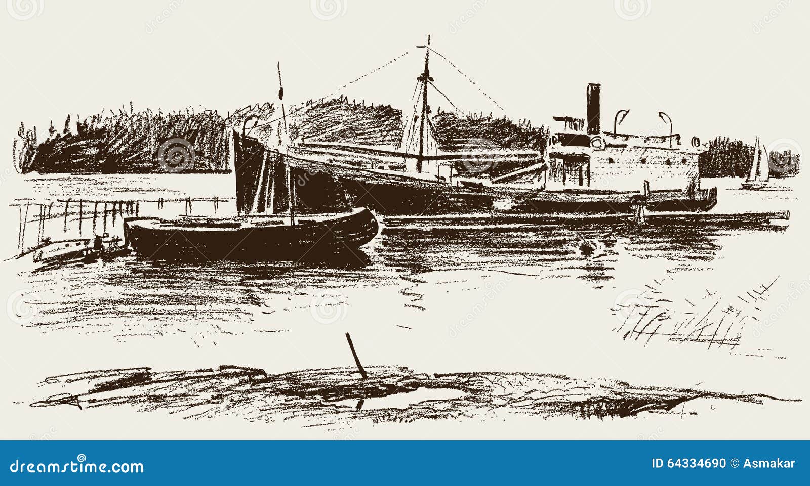 Ships on the river berth stock vector. Illustration of trip - 64334690