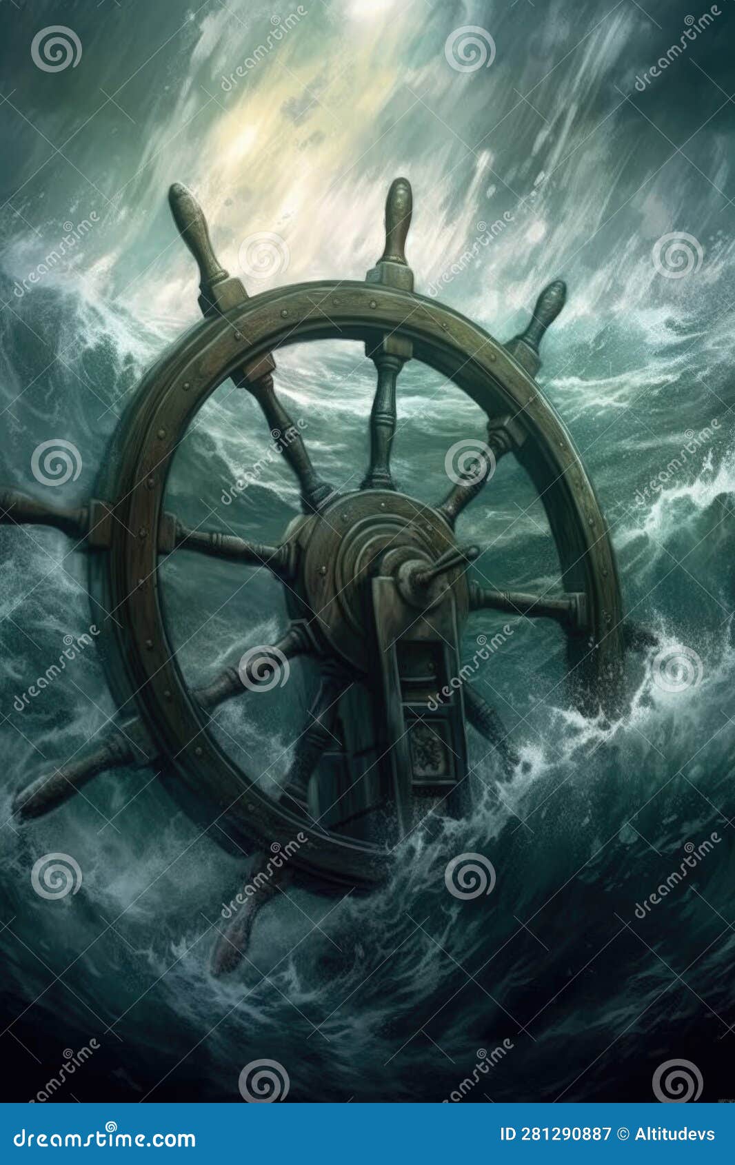 Ships Steering Wheel Guiding through Stormy Seas Stock Illustration ...