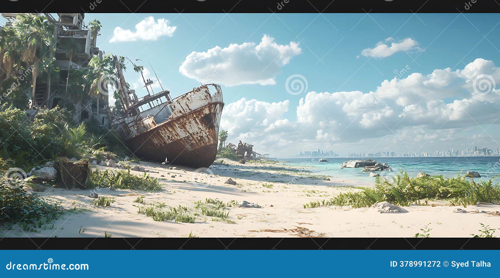 Shipwreck On An Island. Broken Pirate Ship On A Summer Treasure Island ...