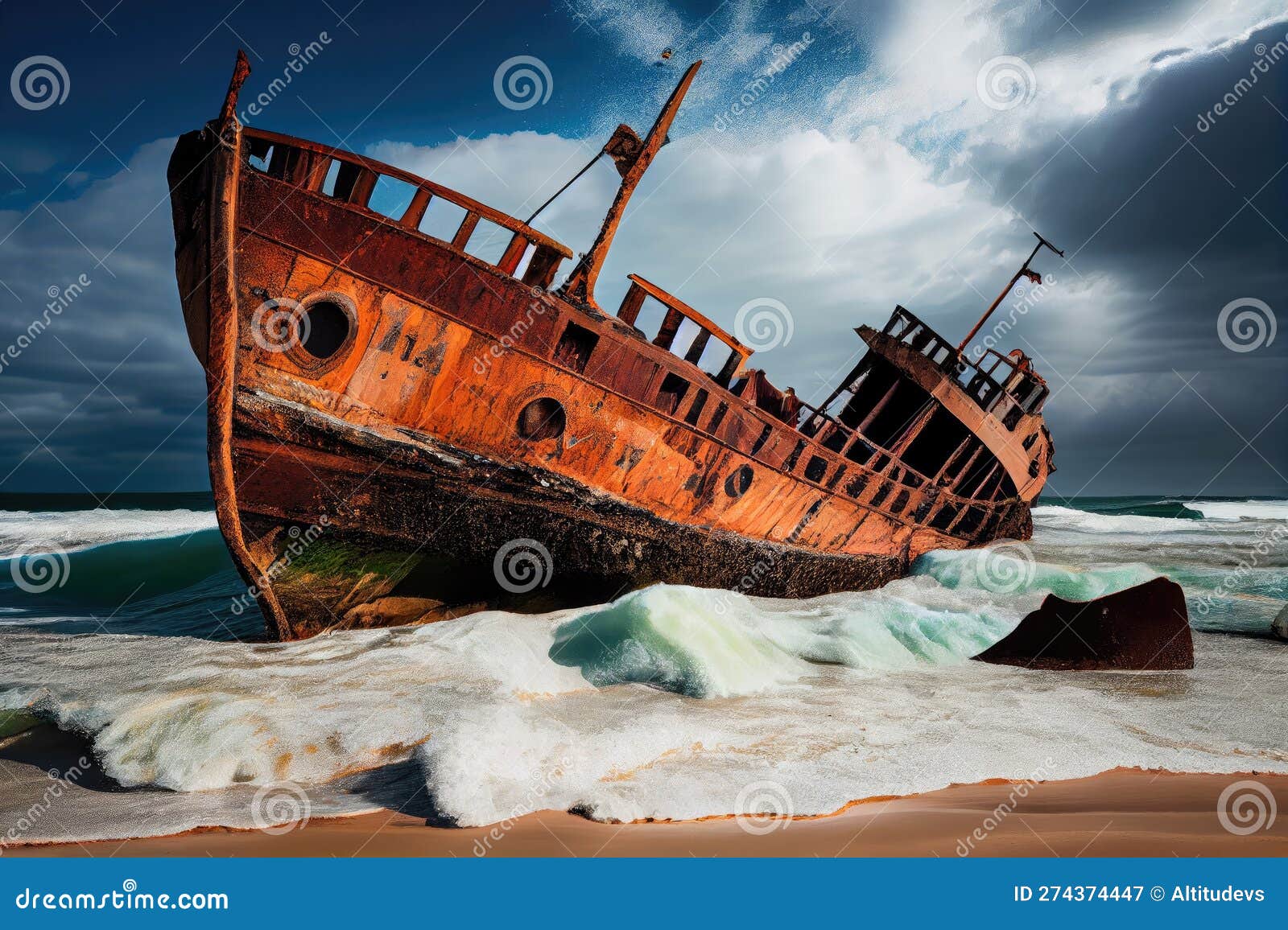 Shipwreck Lying on the Beach, with Waves Breaking Over Its Decaying ...