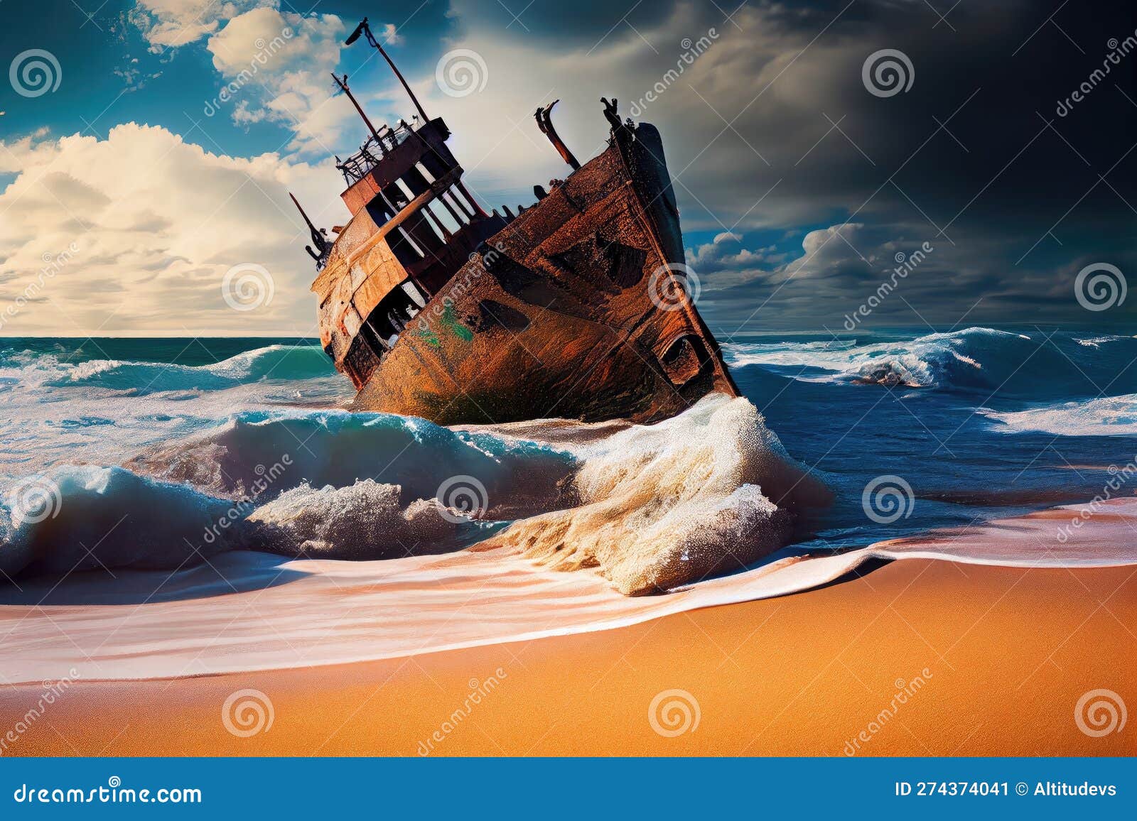 Shipwreck Lying on Sandy Shore, with Waves Breaking Over it Stock Image ...
