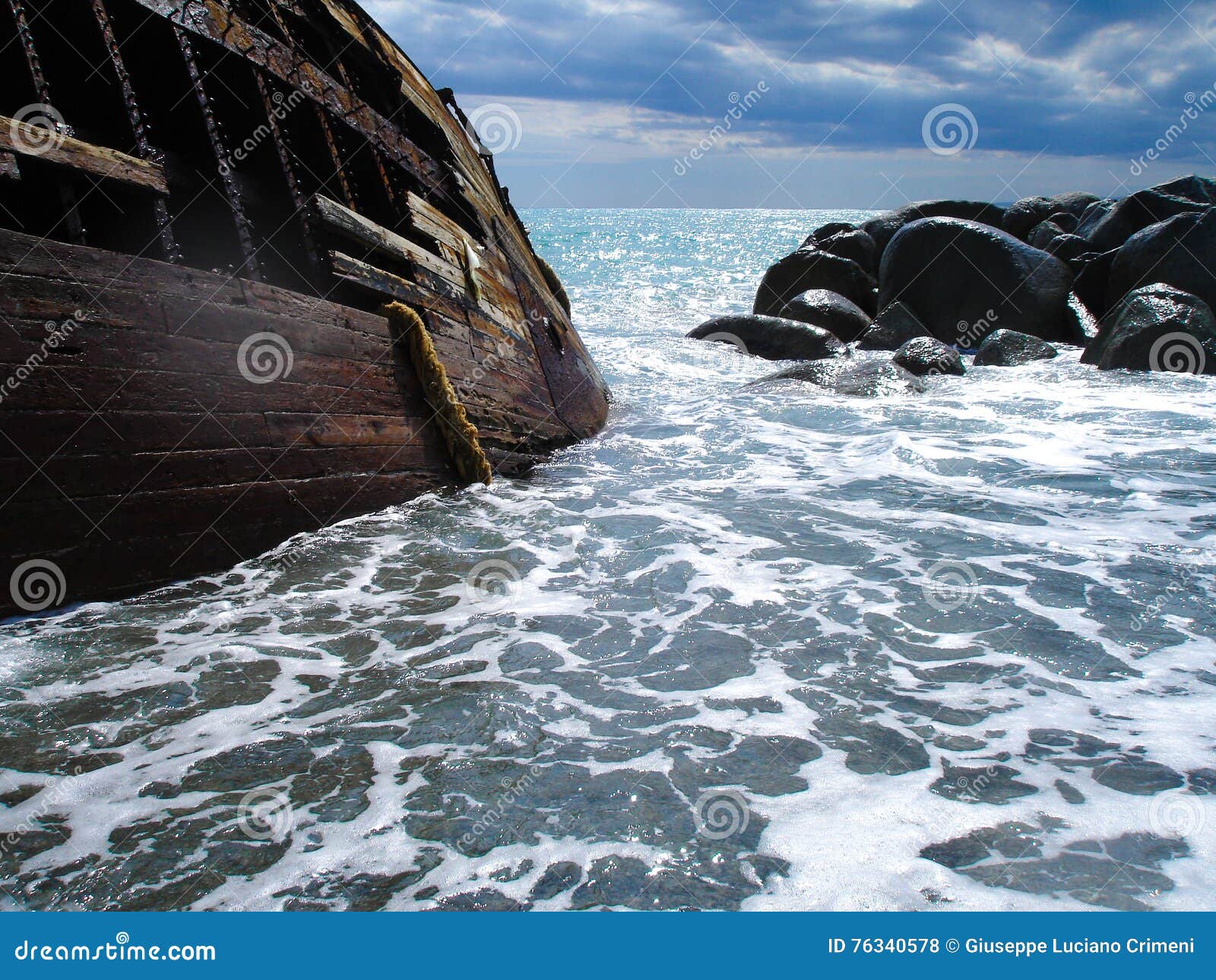 Shipwreck of a Sailing Ship after a Storm with Blue Sky. Stock Photo ...
