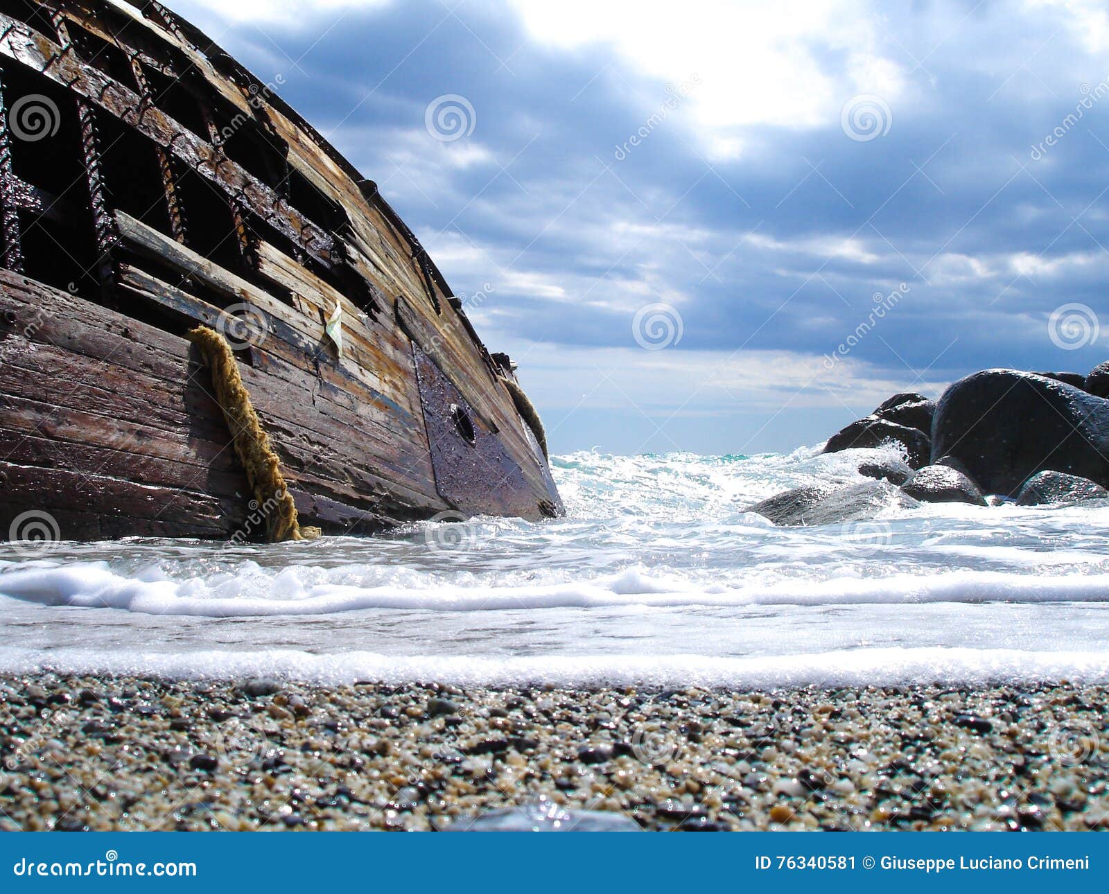 Shipwreck of a Sailing Ship after a Storm with Blue Sky. Stock Image ...